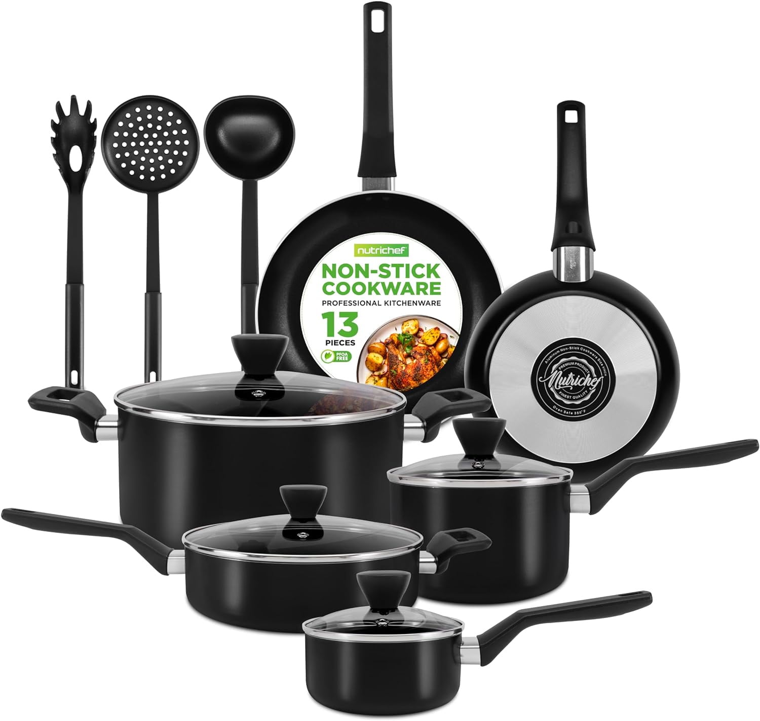 Ink Craft 13-Piece Nonstick Kitchen Cookware Set - PFOA-Free & Heat ...