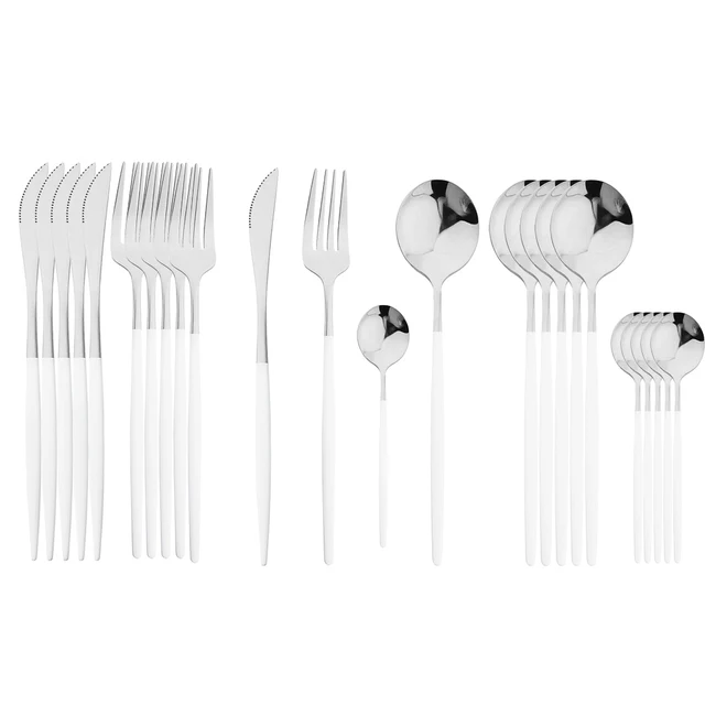 Ink Craft 24-Piece Stainless Steel Flatware Set, Solid Print Silver ...