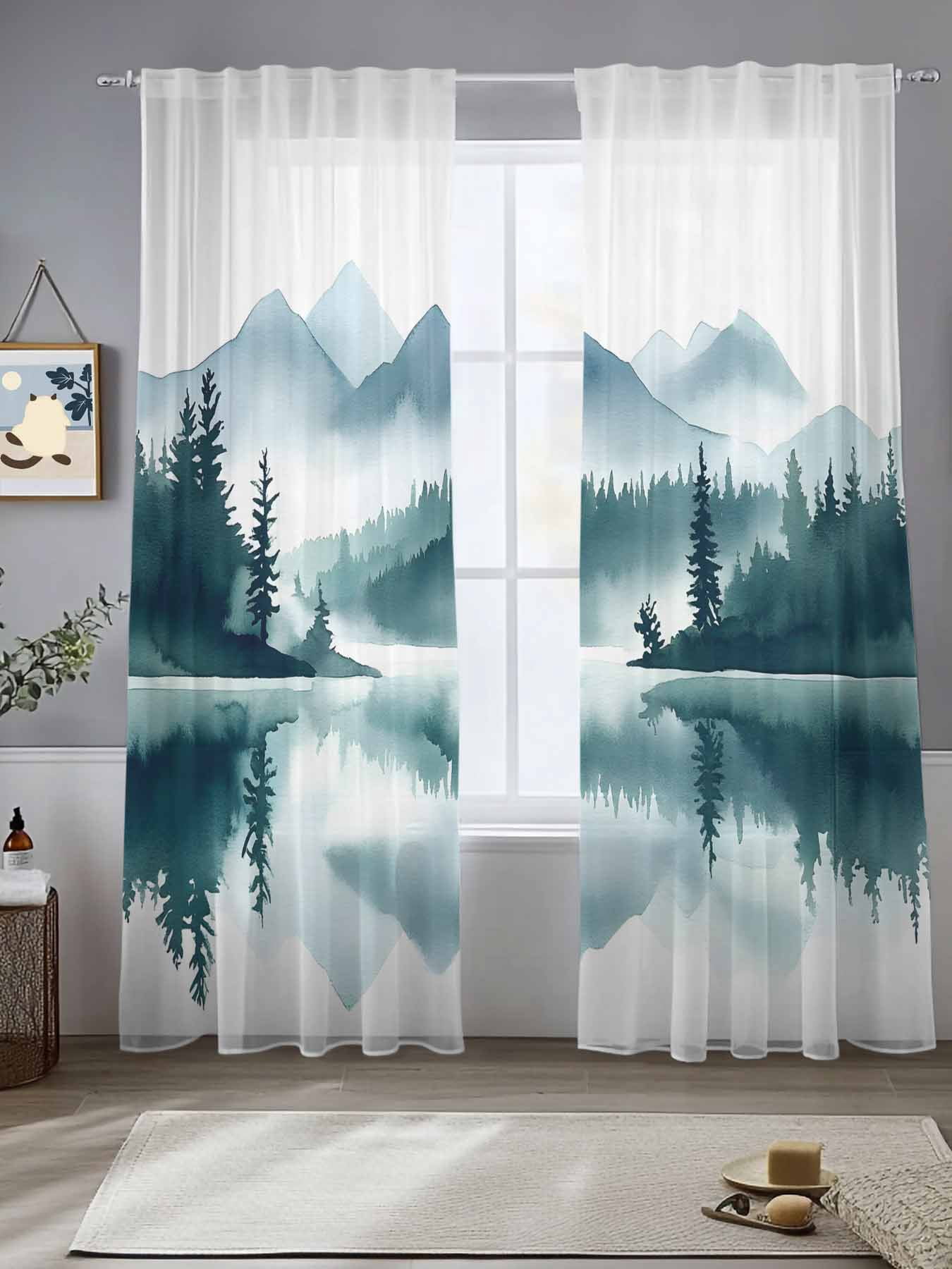 Ink Forest Lake Sheer Curtains for Living Room Bedroom Abstract Art ...