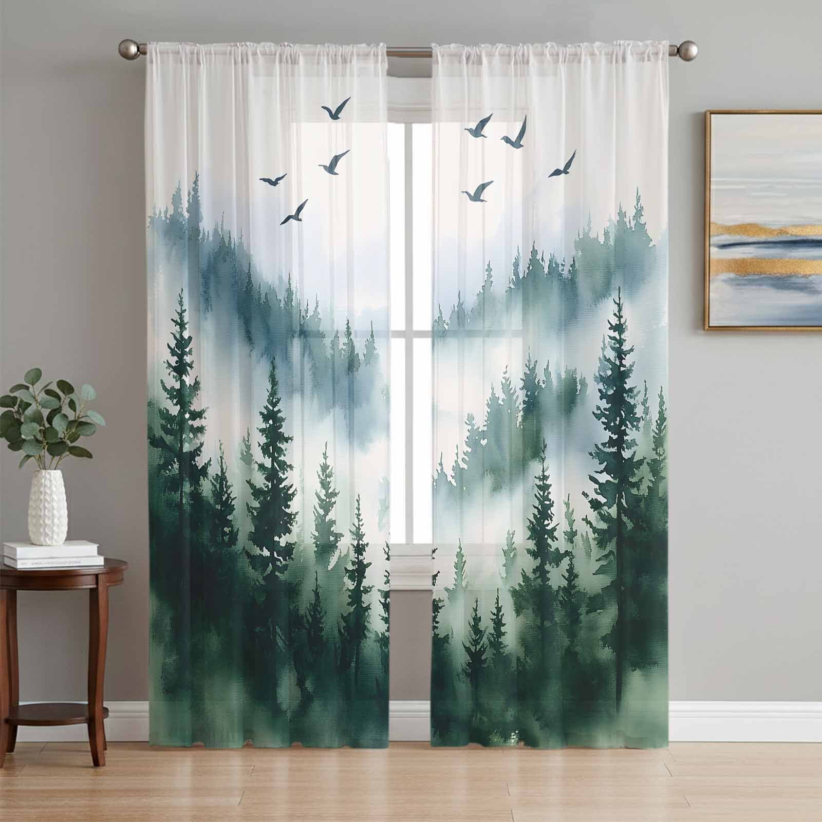 Ink Green Forest Sheer Curtains 84 Inch Length 2 Panels Set, Watercolor ...