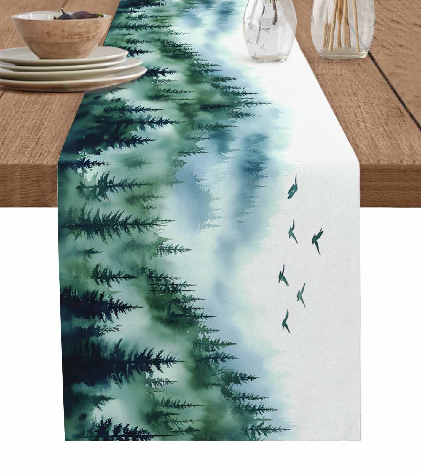 Ink Green Ombre Tree Table Runner 72 Inches, Watercolor Forest Art Bed ...