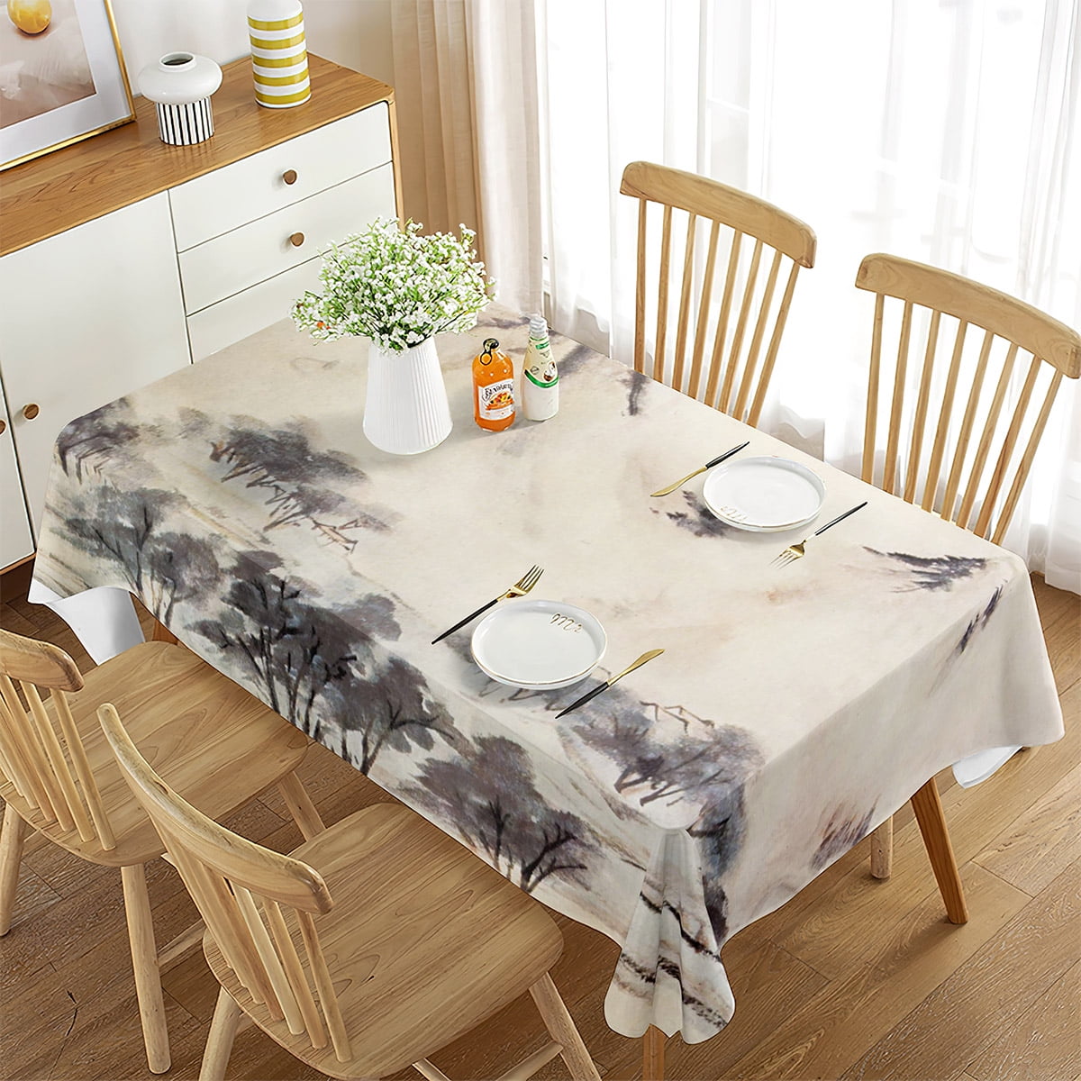 Ink Landscape Painting Tablecloth Lake Tree Mountain Art Rectangle ...
