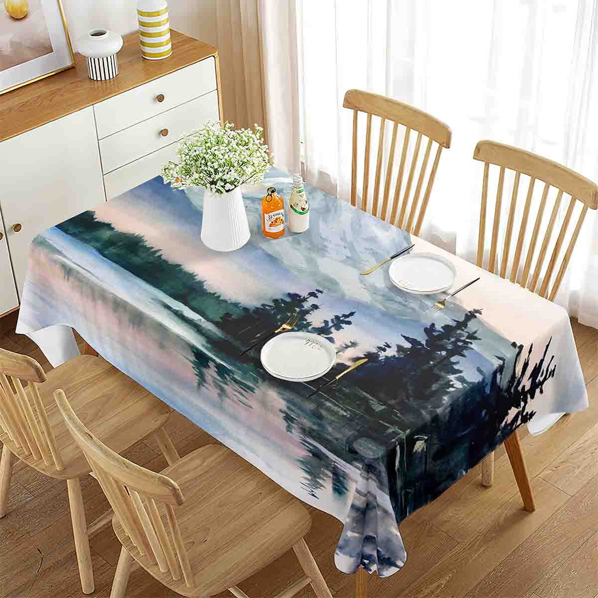 Ink Landscape Painting Tablecloth Lake Tree Mountain Art Rectangle ...
