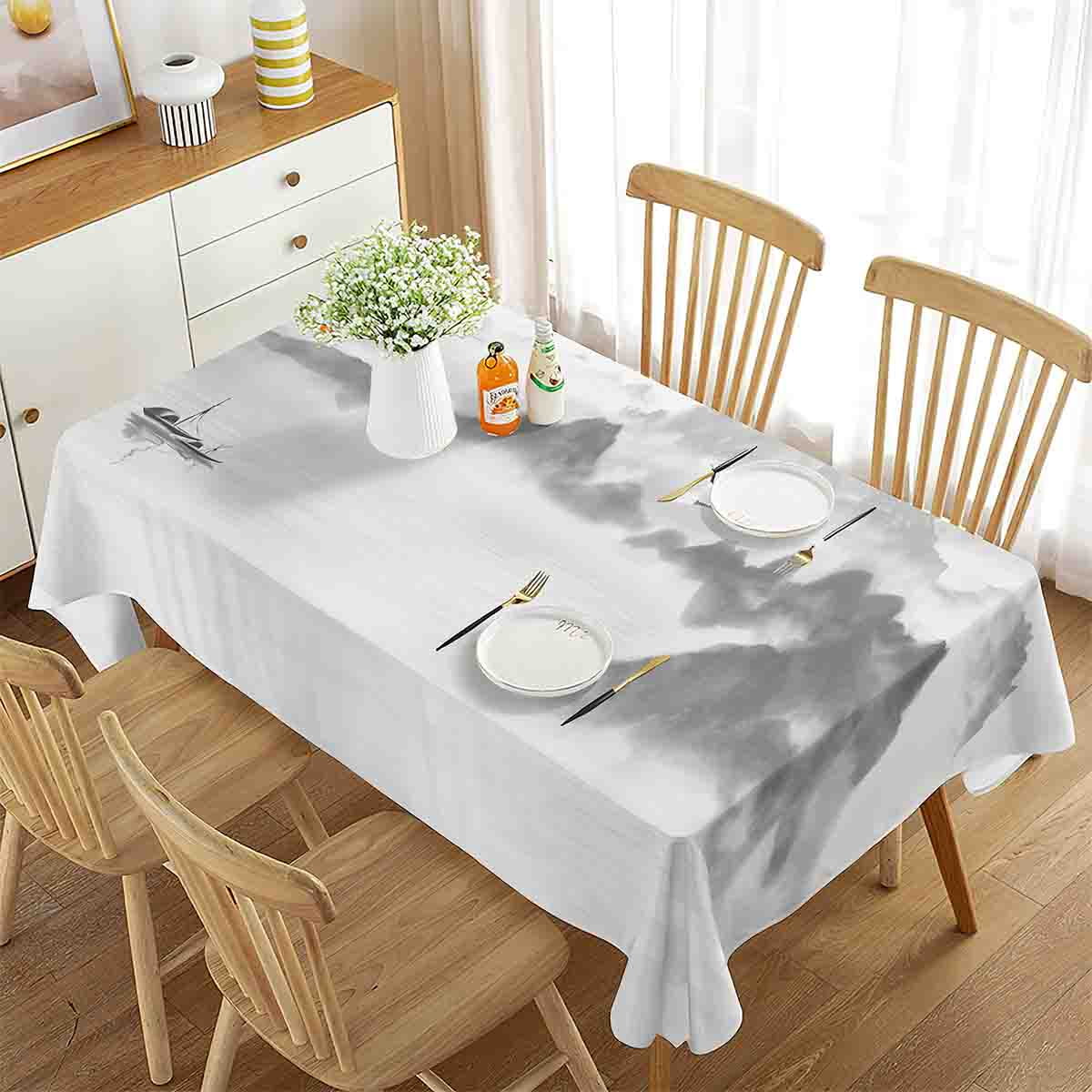 Ink Landscape Painting Tablecloth Lake Tree Mountain Art Rectangle ...