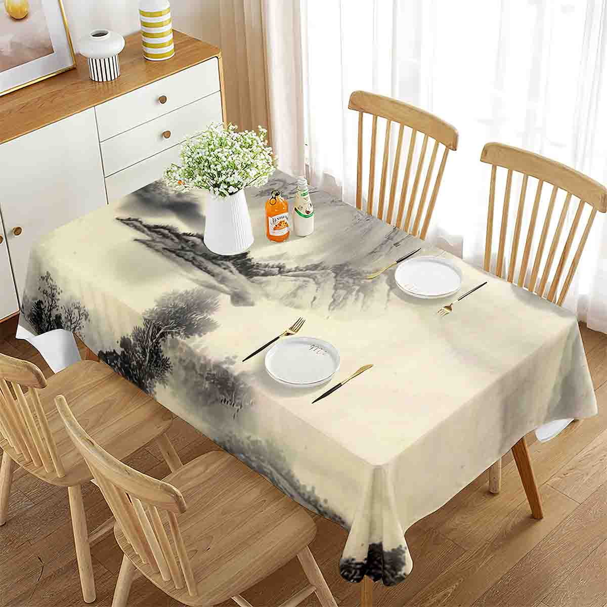 Ink Landscape Painting Tablecloth Lake Tree Mountain Art Rectangle ...