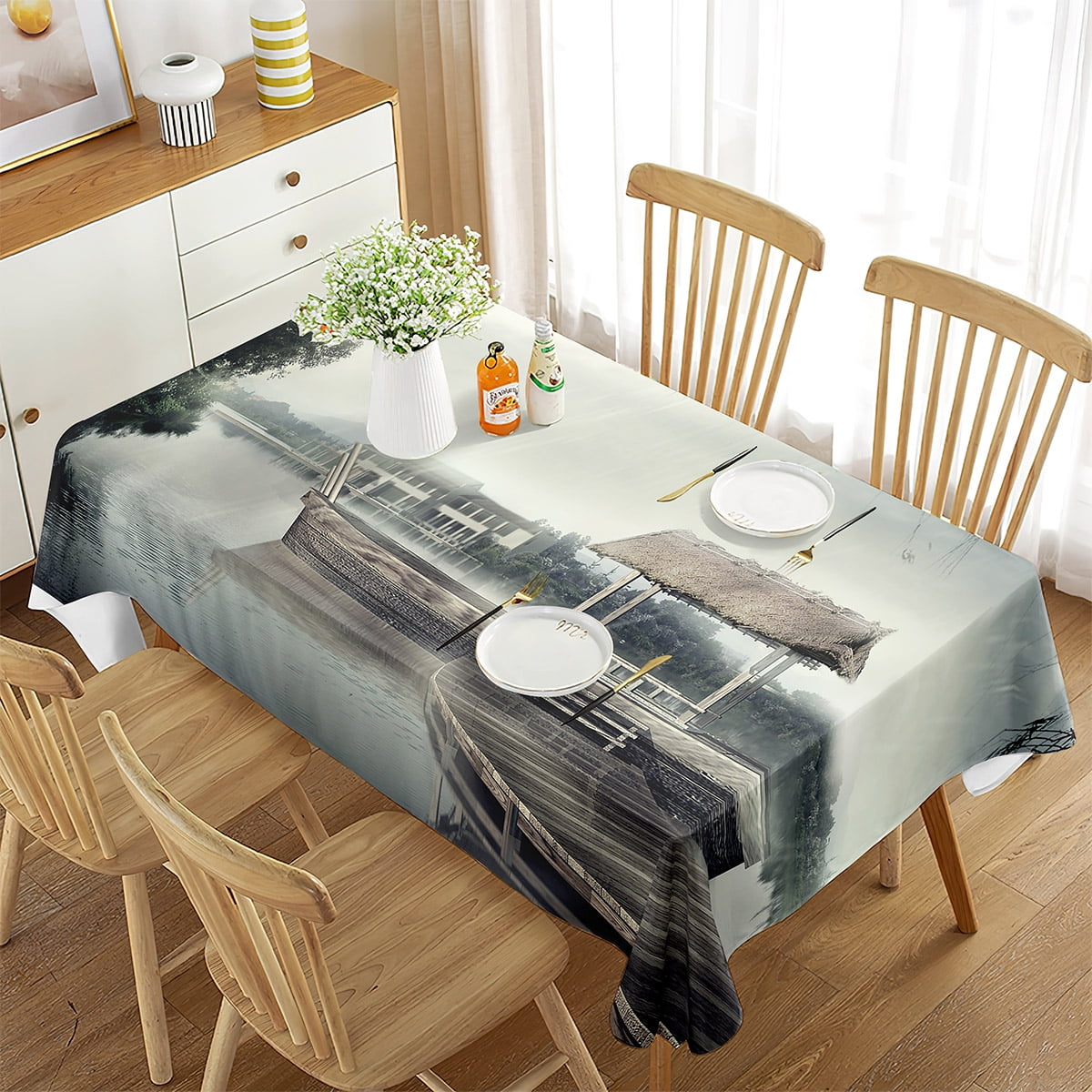 Ink Landscape Painting Tablecloth Lake Tree Mountain Art Rectangle ...