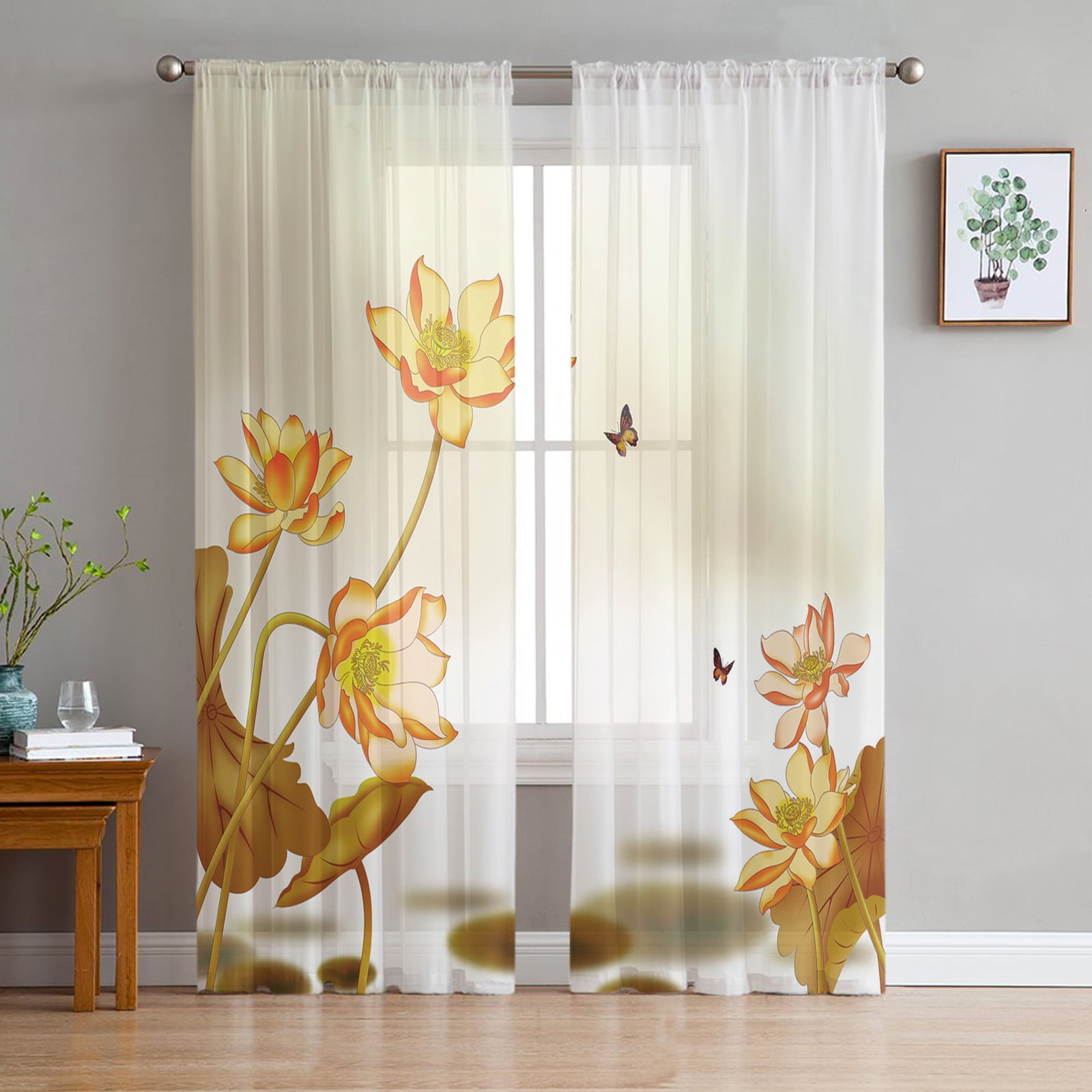 Ink Lotus Butterfly Printed Curtains Drape Sheer Tulle Home ration ...