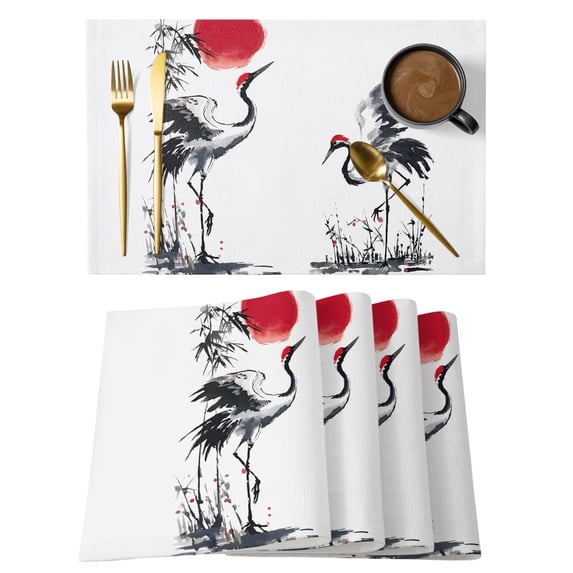Ink Painting Crane Cotton Linen Placemats Set of 2, Sun Tree Spring ...