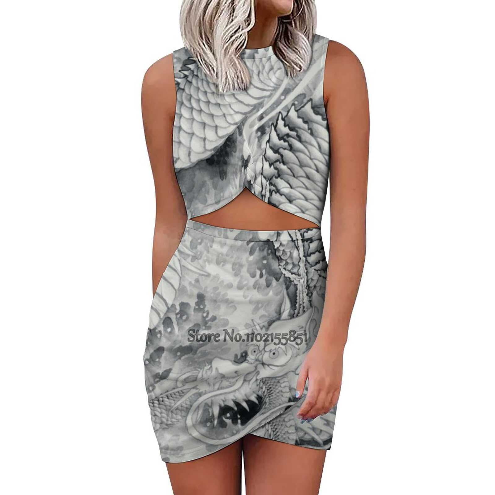 Ink Painting Dragon 180411 Japan Back Lacing Backless Dress Square Neck ...