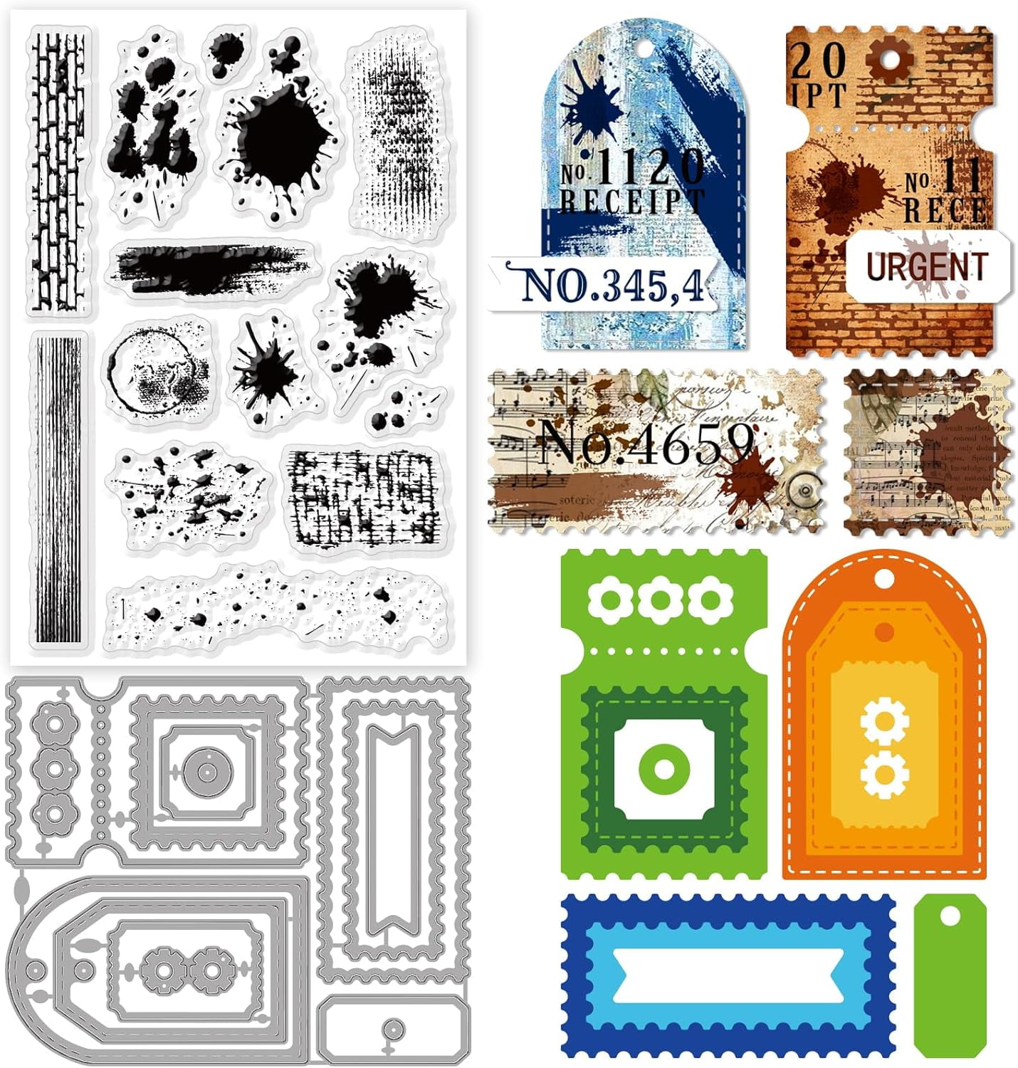 Ink Stains Background Clear Stamps and Labels Frame Cutting Dies Set ...