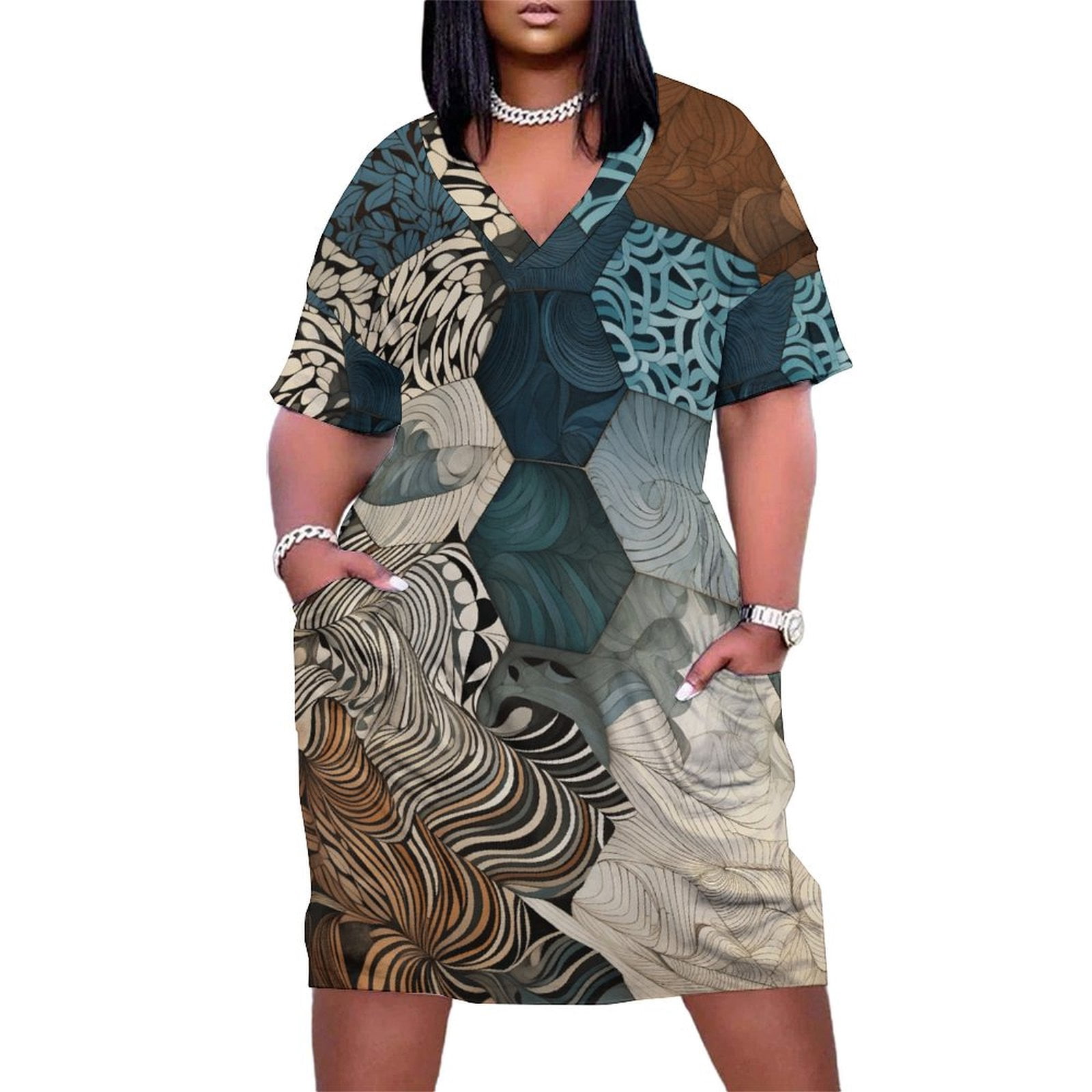 Ink Texture Watercolor Summer Sundress for Curve Women Casual Pattern ...