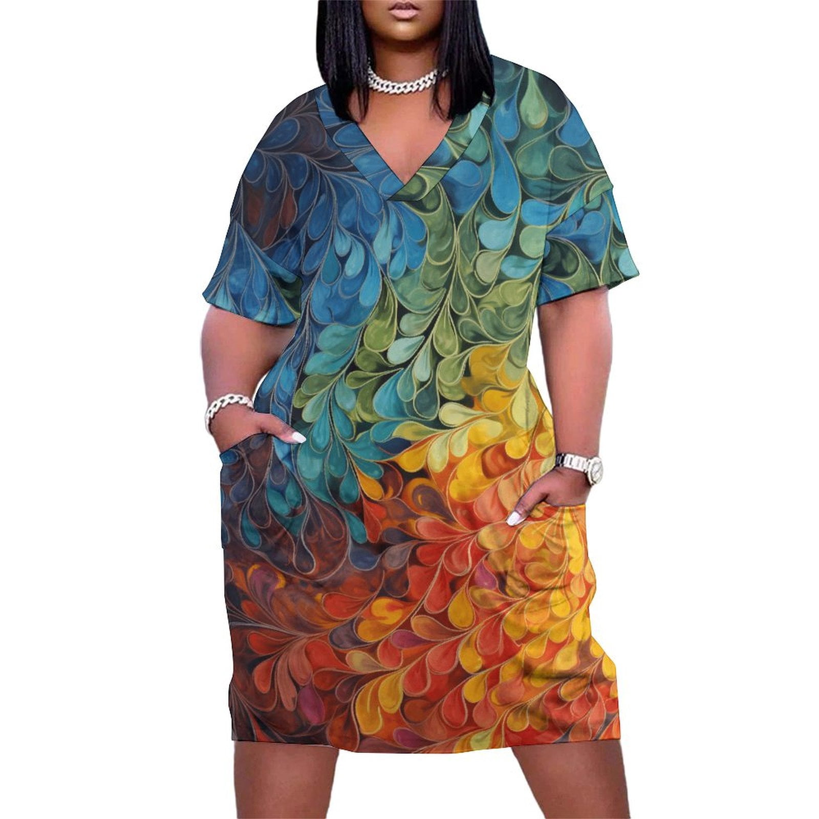 Ink Texture Watercolor Summer Sundress for Curve Women Casual Pattern ...