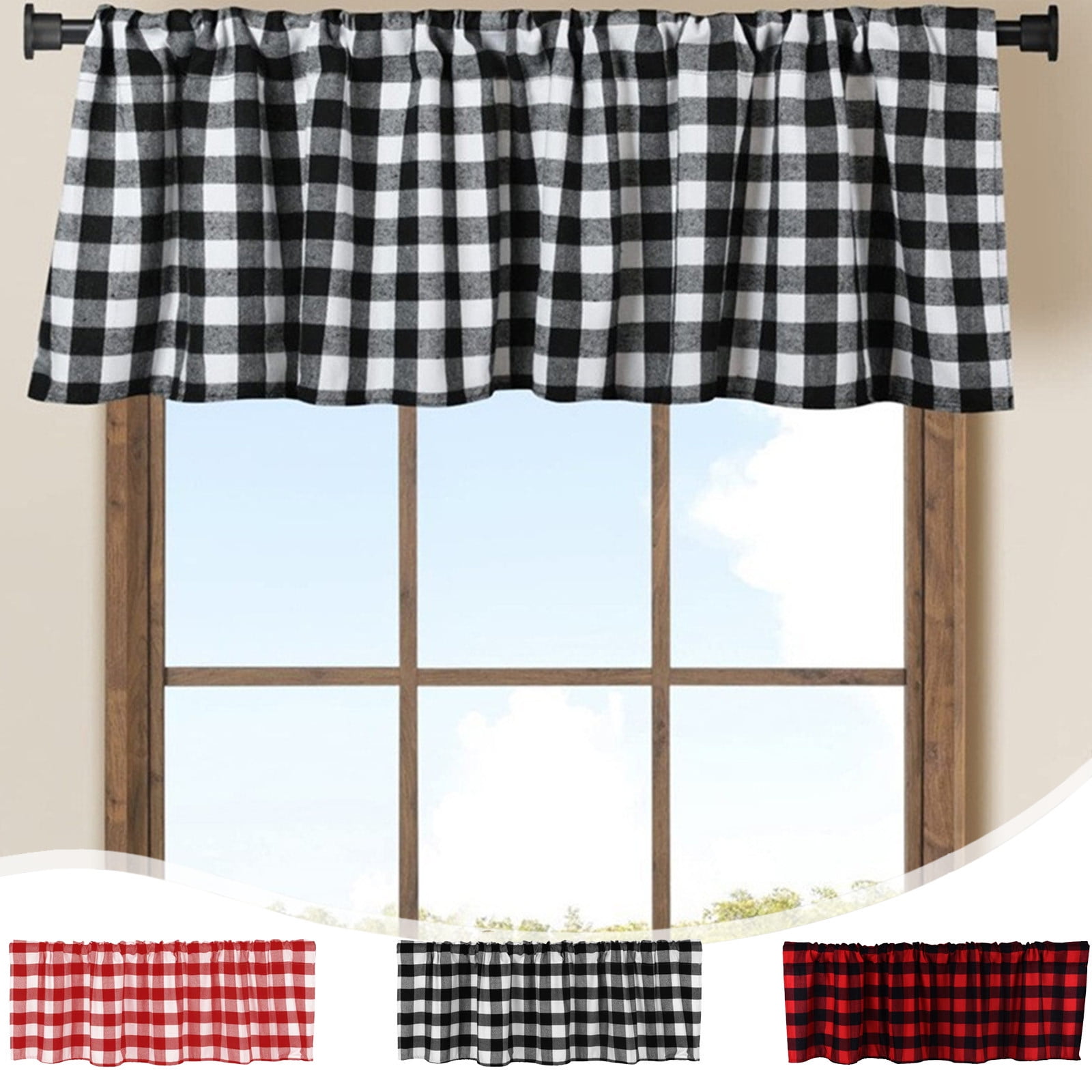 Ink White Red Lattice Window Valance Cottage Style Curtain Rod Pocket ...