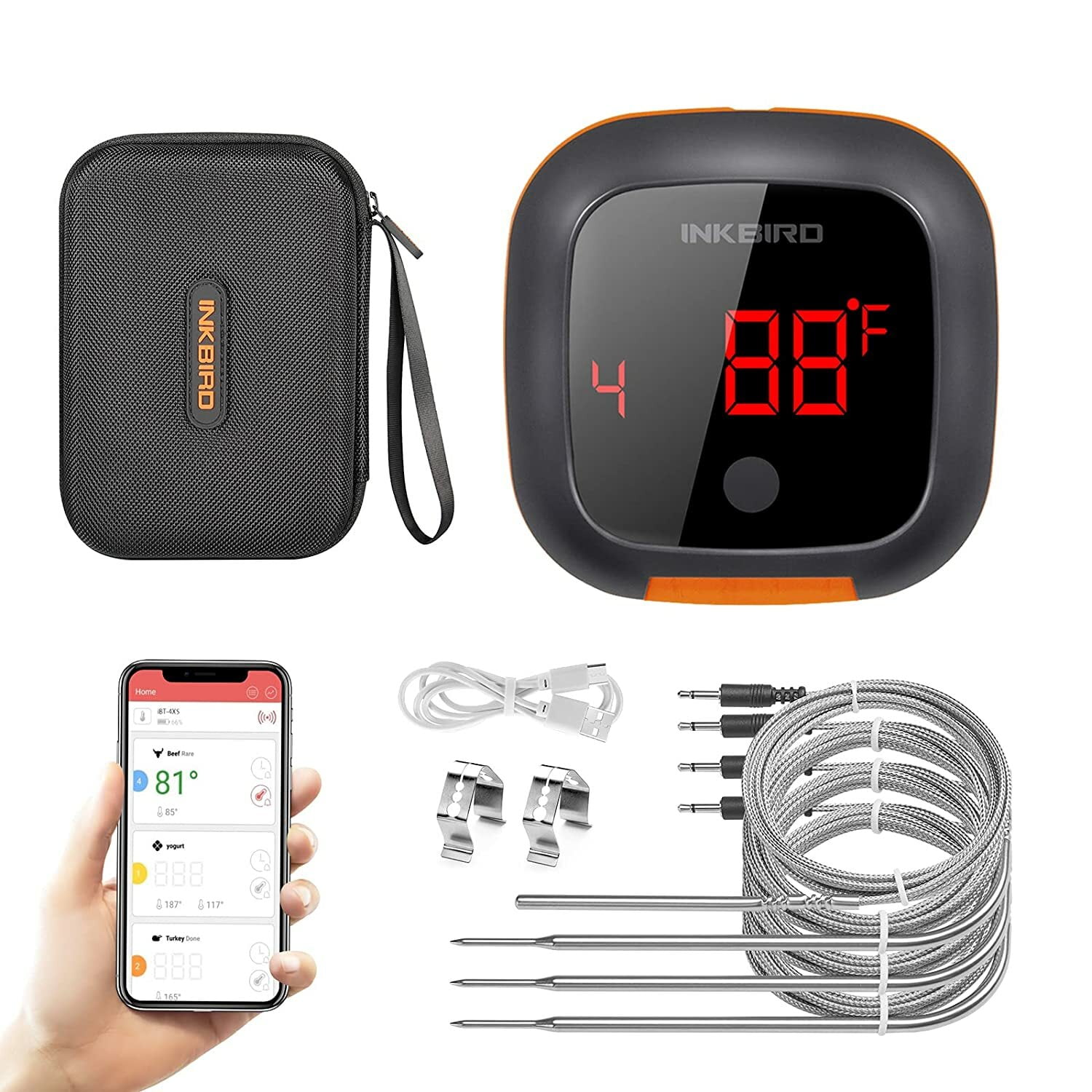 Inkbird Bluetooth Grill Meat BBQ Thermometer Probe Timer Alarm Carrying ...