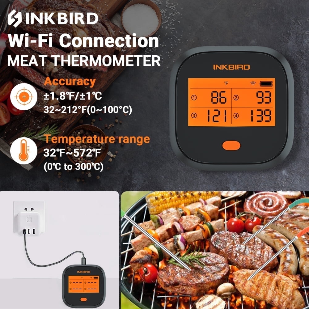 Inkbird Wifi IBBQ-4T, Rechargeable BBQ Thermometer with 4 Probes, Timer ...