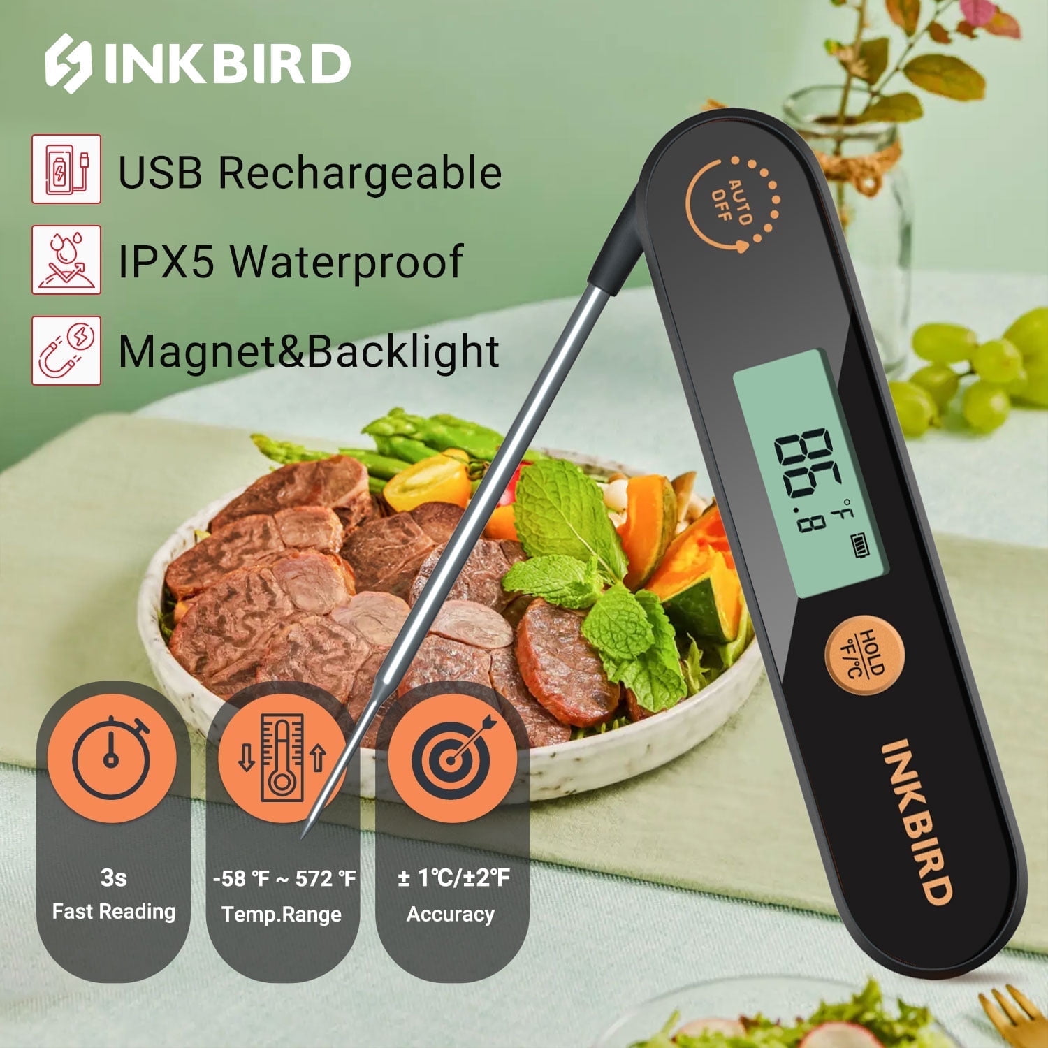 Inkbird Instant Read Meat Thermometer IHT-1X Barbecue Smoker Cooking ...