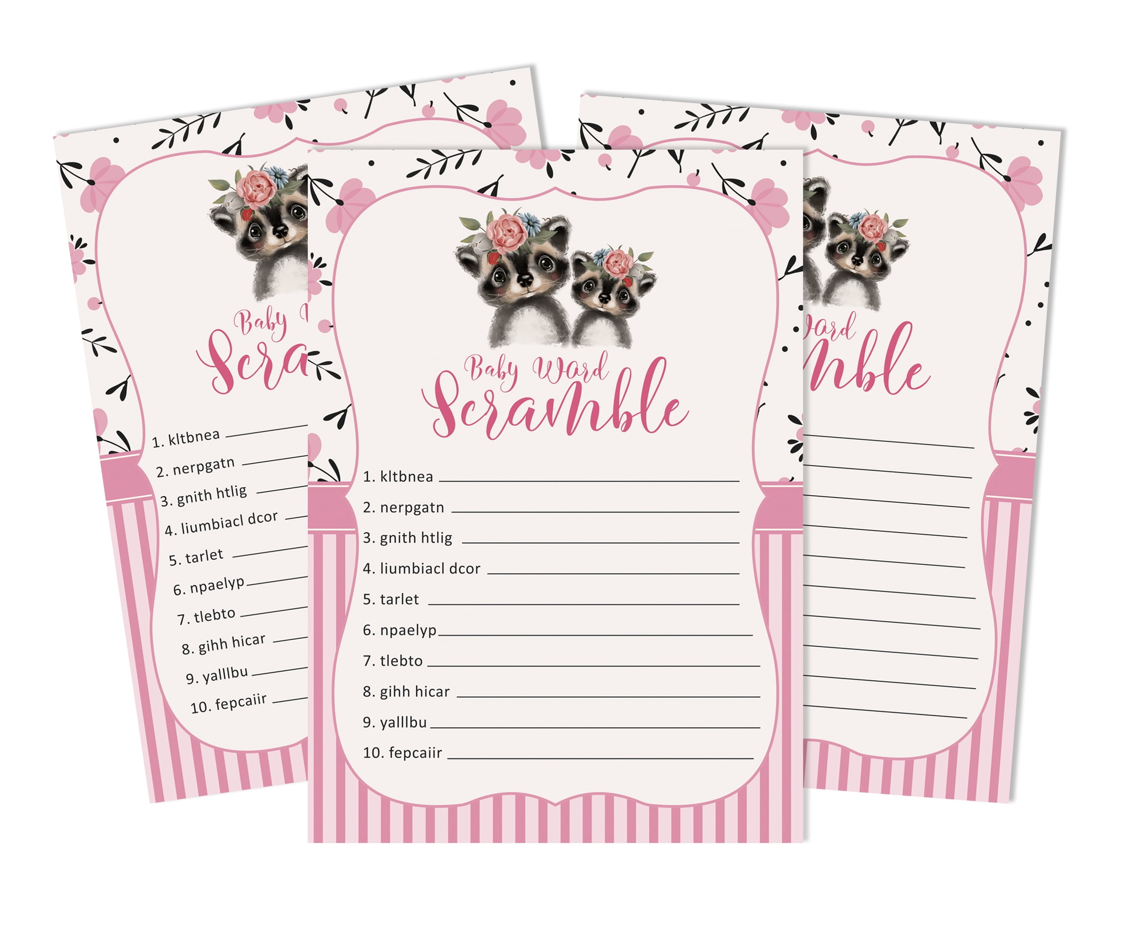 Inkdotpot 50 PackBaby WordScrambleBaby ShowerGame Cards Raccoon Jungle ...