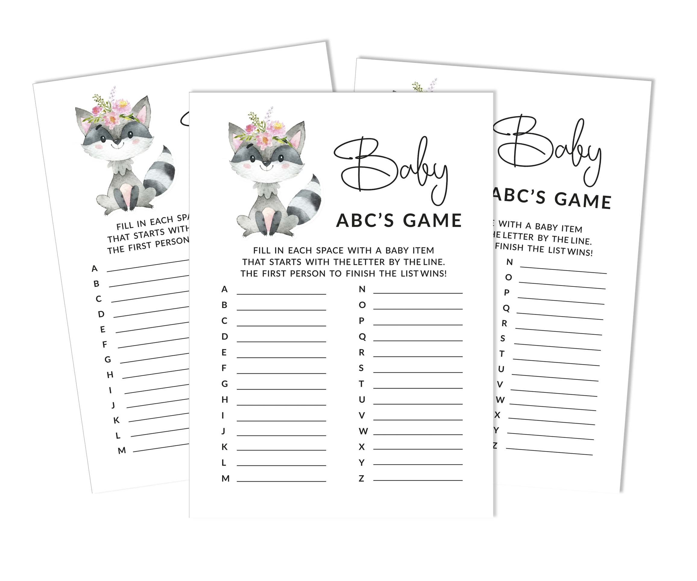 Inkdotpot Floral Raccoon Baby Shower Game Set Of 50 BabyAlphabetABCGame ...