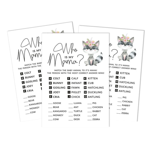 Inkdotpot My Mommy Name Activity Cards Floral Raccoon Baby Shower 50 ...
