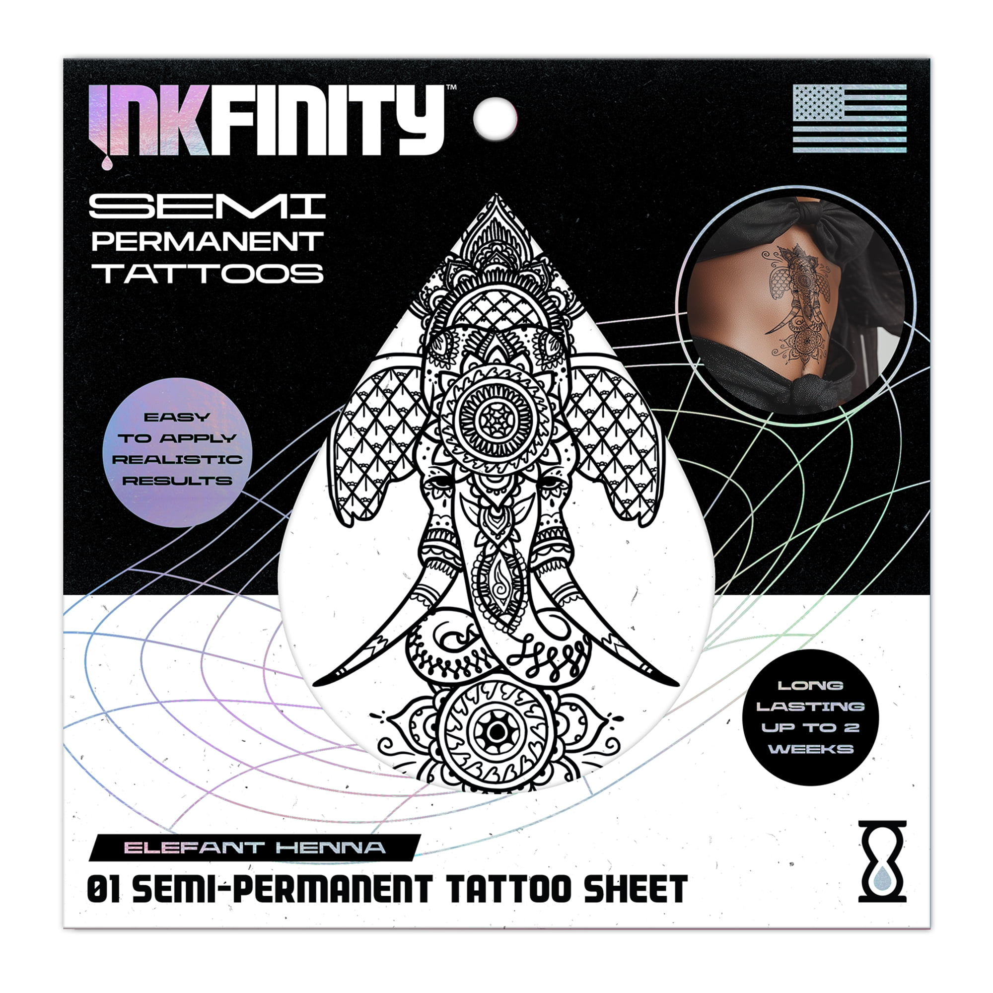 Inkfinity - Henna Elephant Design Semi-Permanent Tattoos: 1 Sheet - Walmart.com
