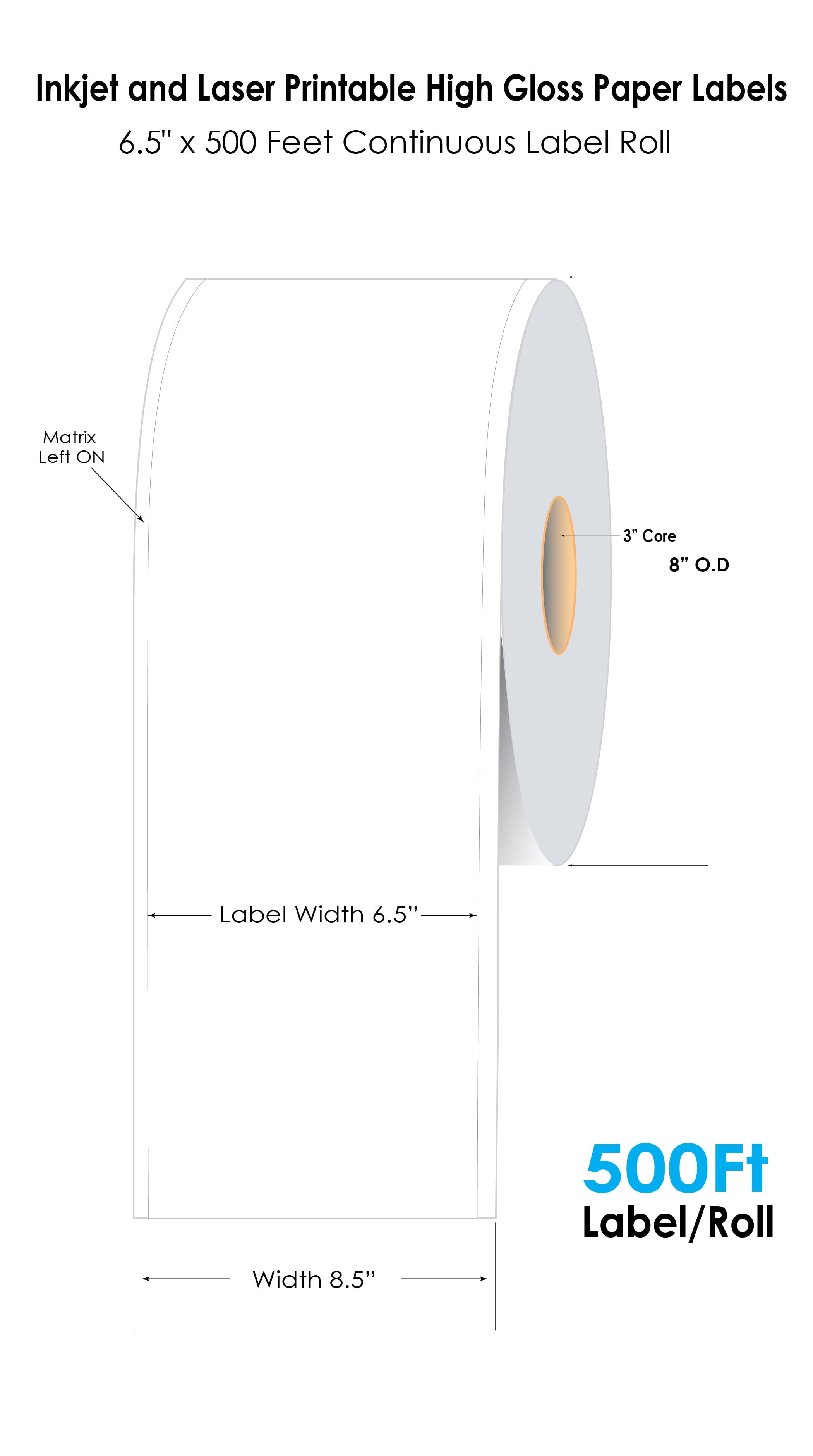 Inkjet 6.5” x 500Ft Continuous High Gloss Paper Label Roll 3" Core/8 ...