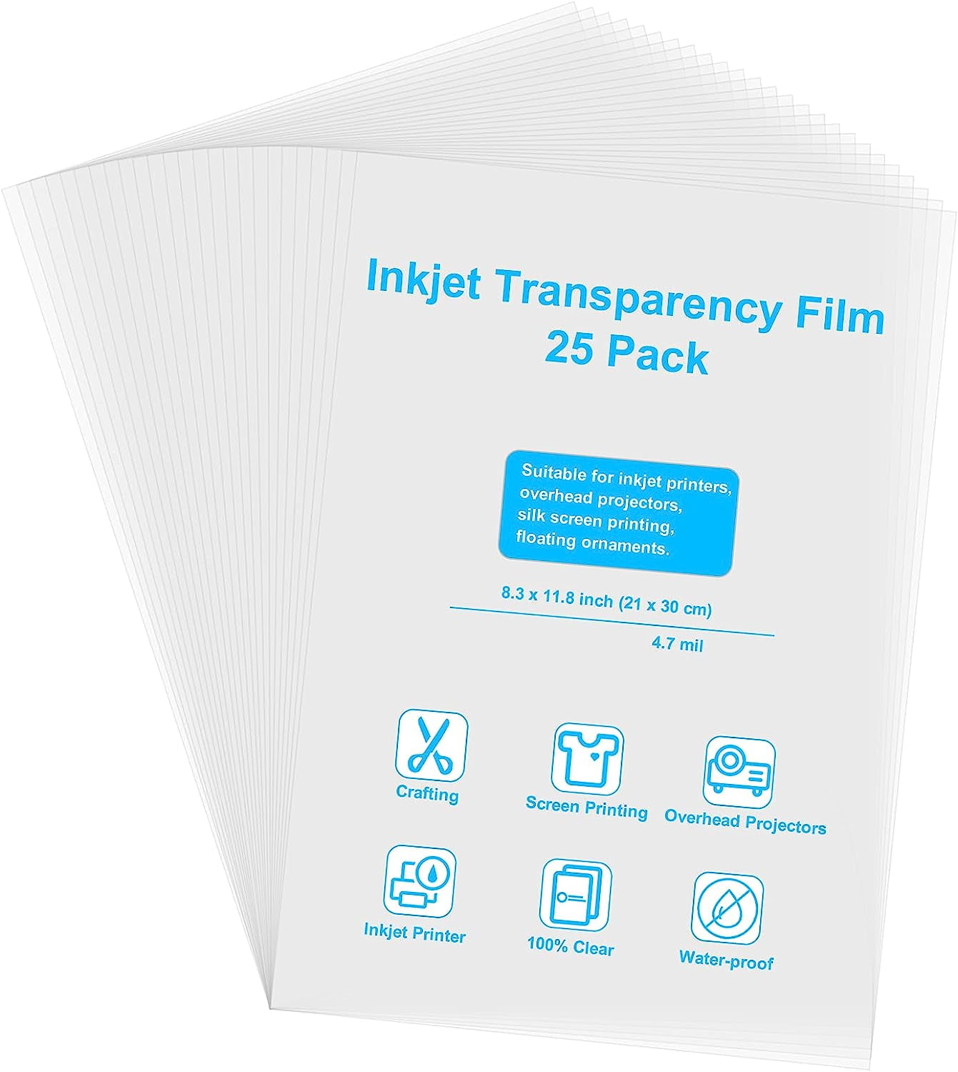 Inkjet Transparency Film, Printable Clear Transparency Sheets, 25 Pack ...