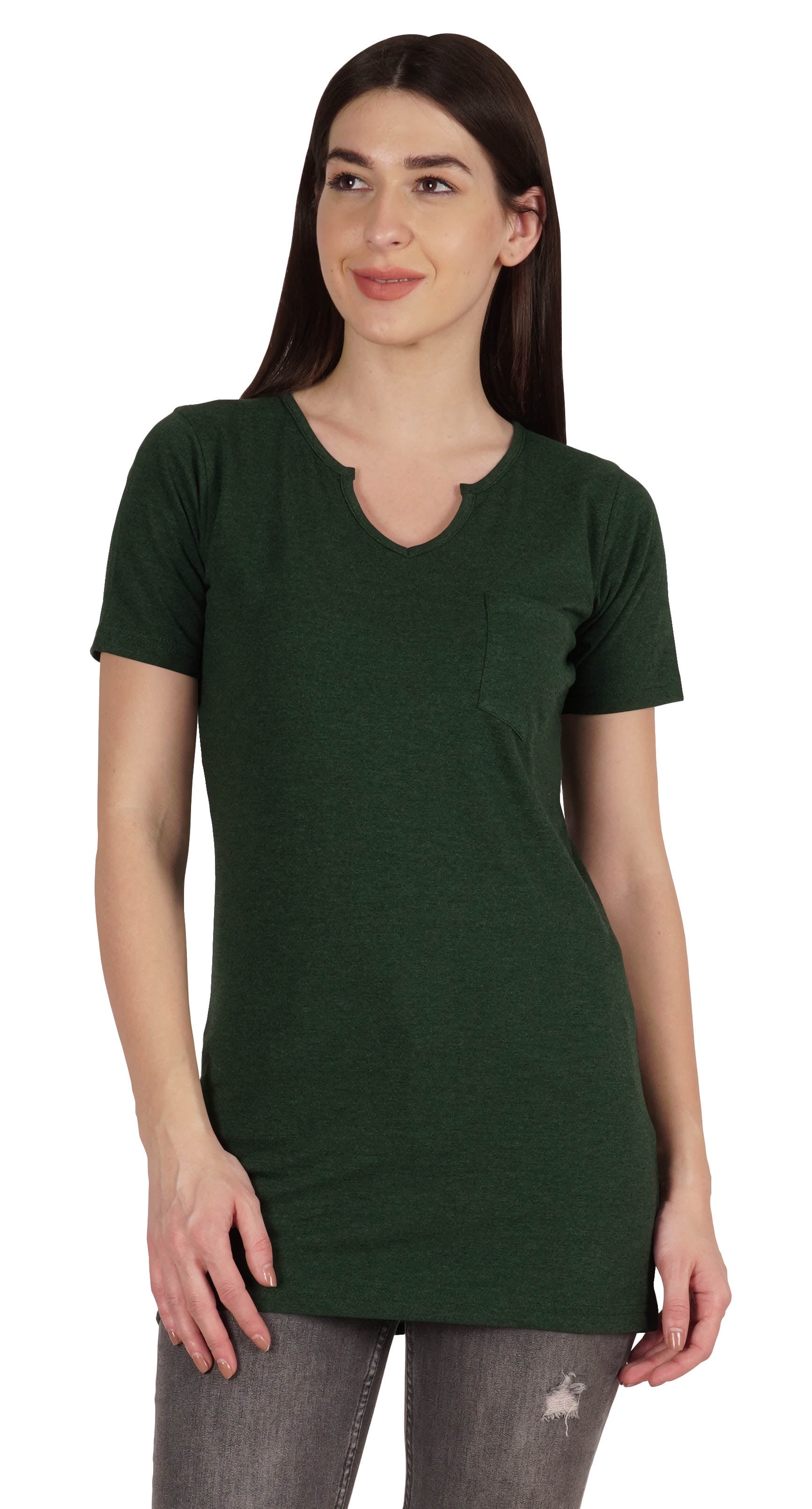 Inkmeso Long Length Notch Neck Top For Women Basic Cotton Tee Shirt w ...