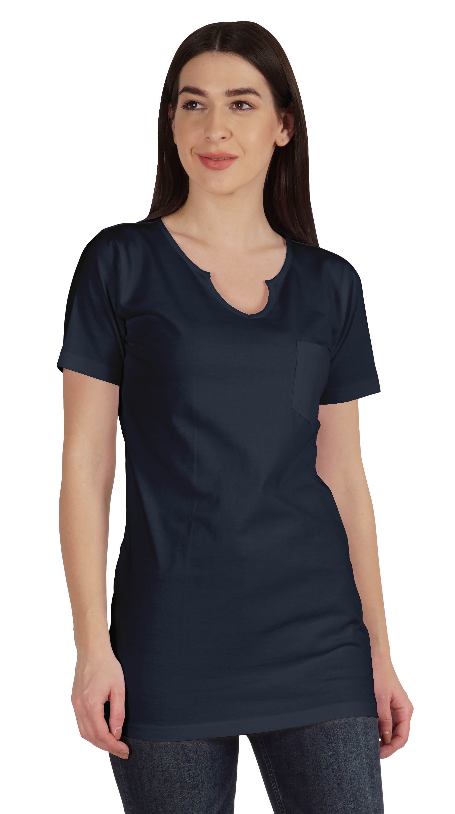 Inkmeso Long Length Notch Neck Top For Women Basic Cotton Tee Shirt w ...
