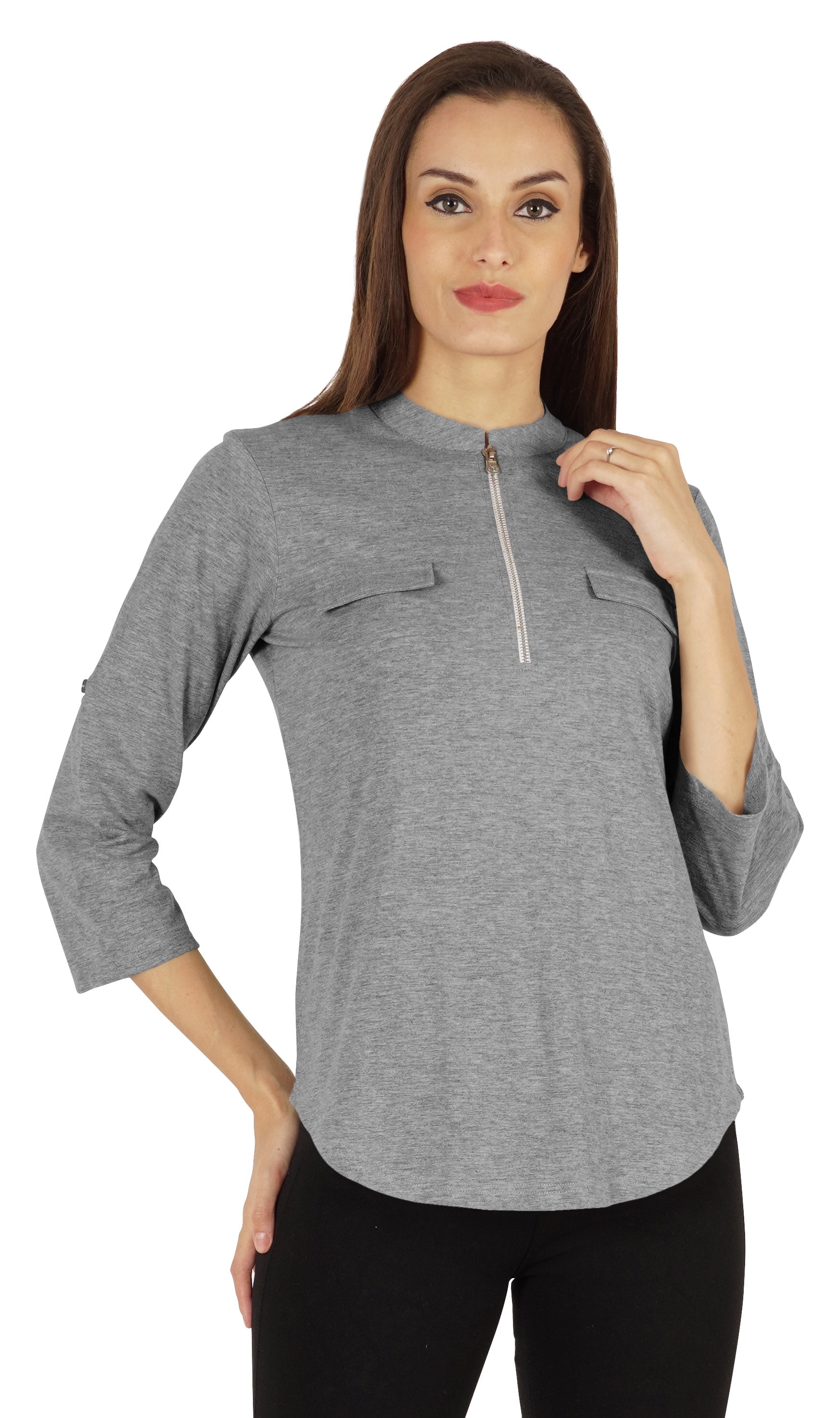 Inkmeso Stylish Mandarin Collar Top For Women Casual Solid Relaxed-Fit ...