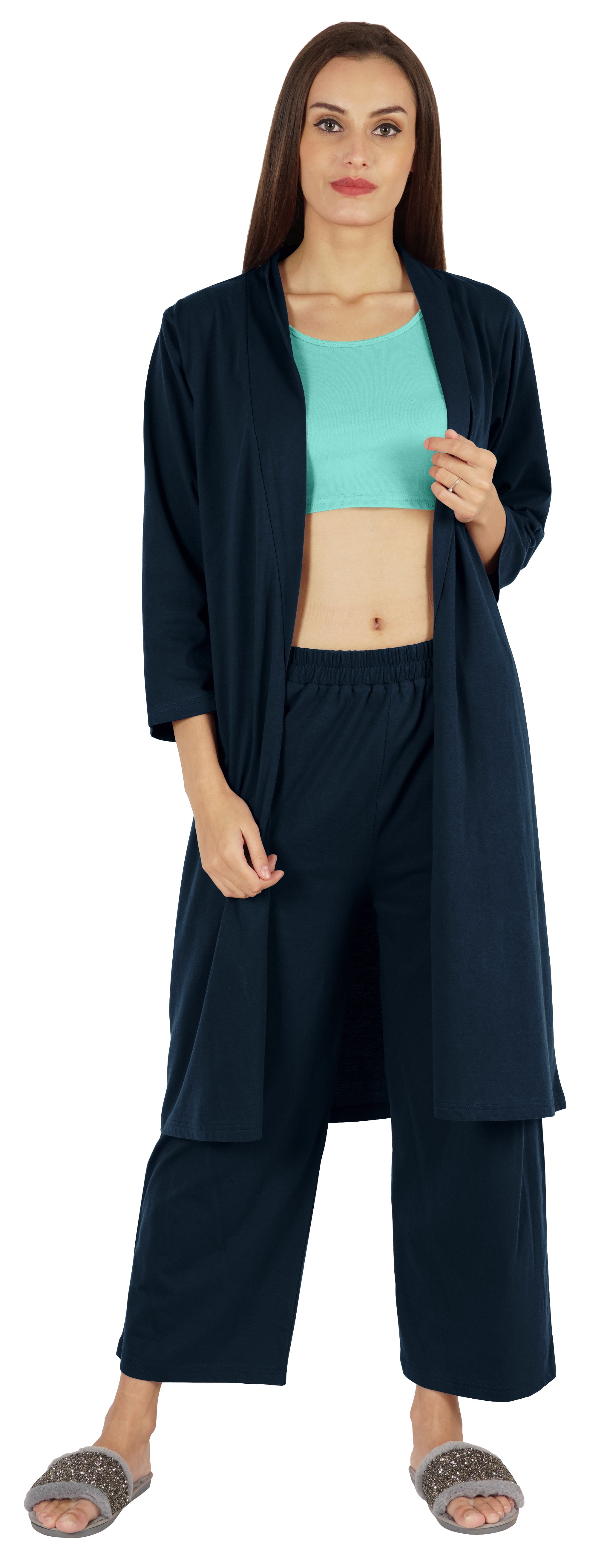 Inkmeso Womens 3 Pcs Nightwear Set Crop Tank Top Loose Pants & Front ...