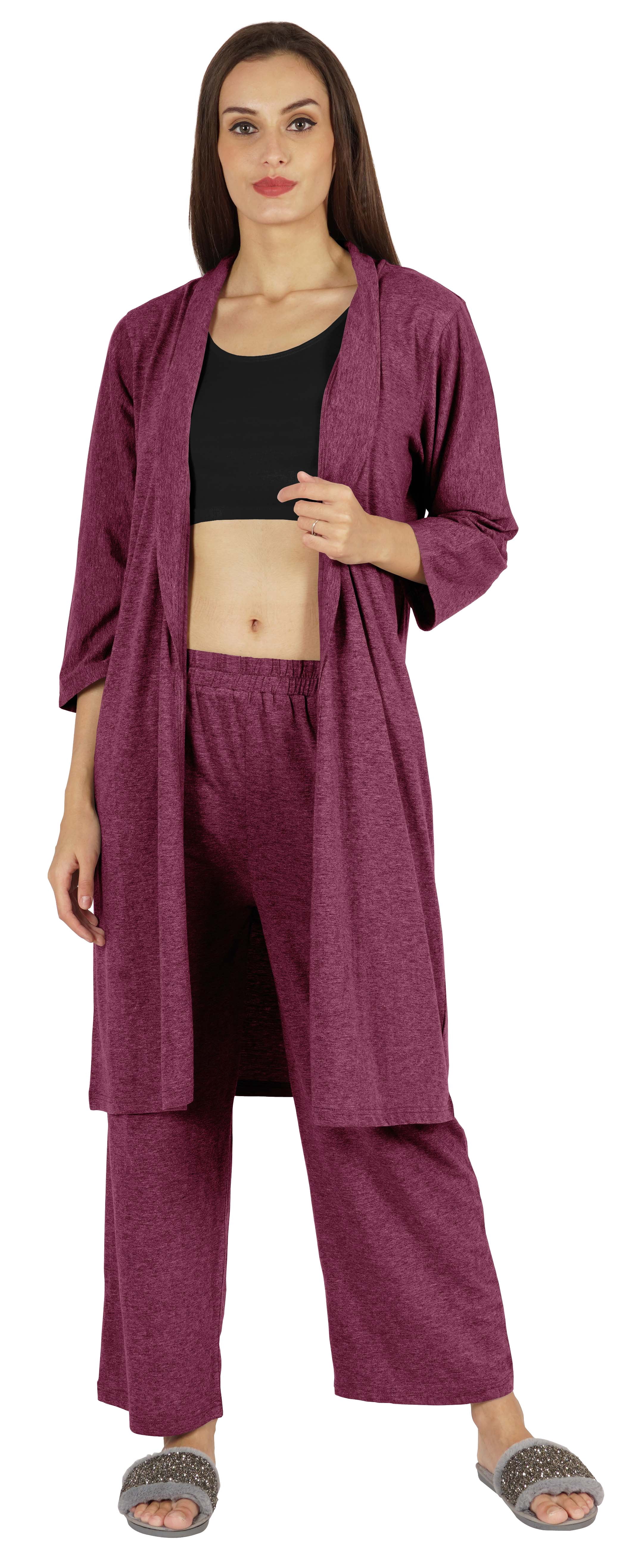 Inkmeso Womens 3 Pcs Nightwear Set Crop Tank Top Loose Pants & Front ...