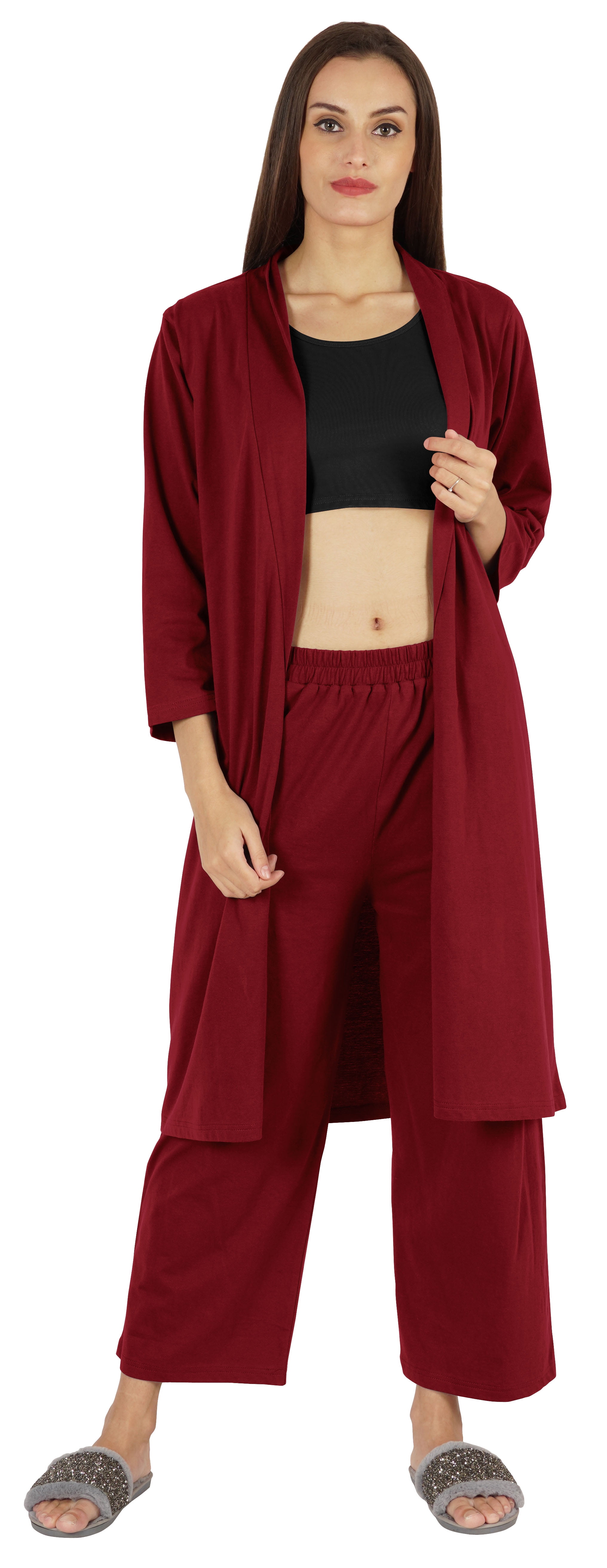 Inkmeso Womens 3 Pcs Nightwear Set Crop Tank Top Loose Pants & Front ...
