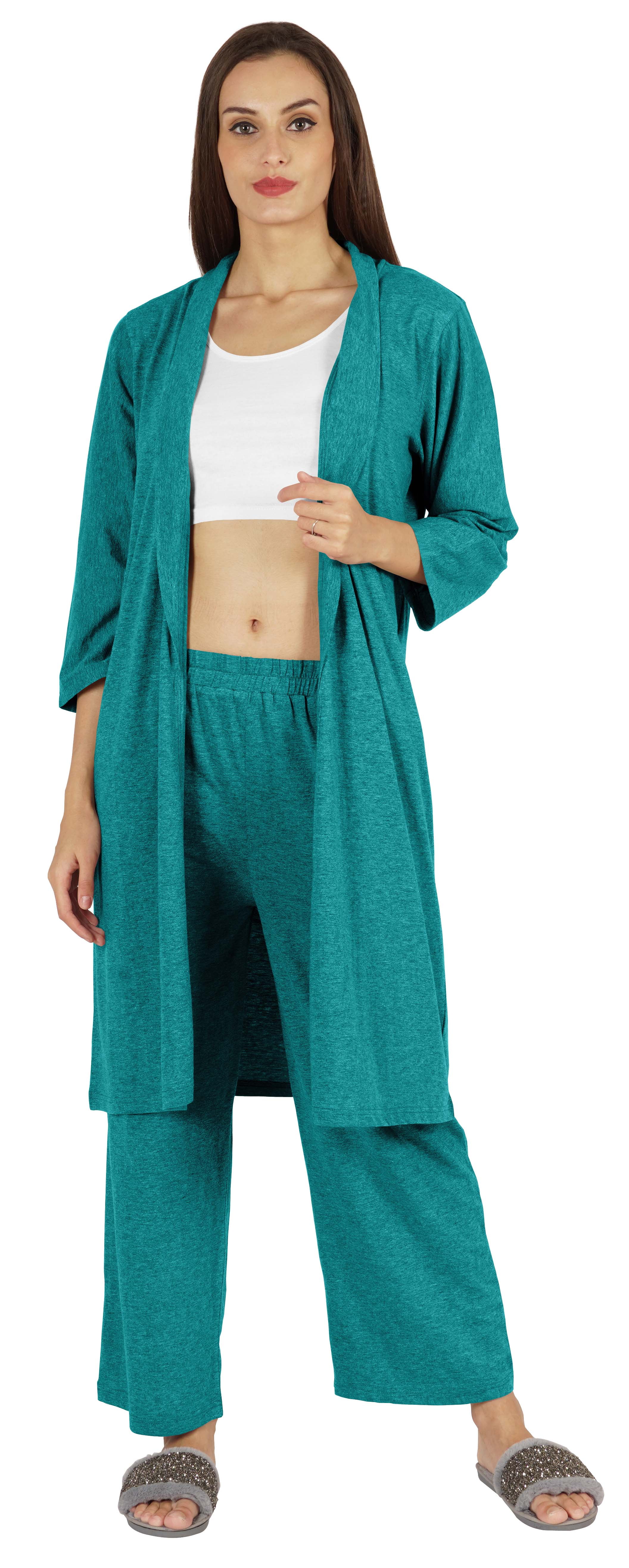 Inkmeso Womens 3 Pcs Nightwear Set Crop Tank Top Loose Pants & Front ...