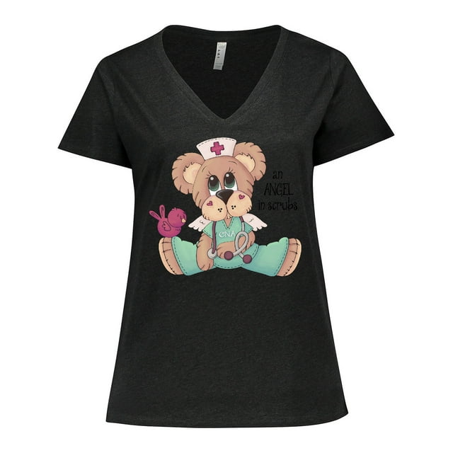 Inktastic CNA an Angel in Scrubs Teddy Bear Women's Plus Size V-Neck T ...