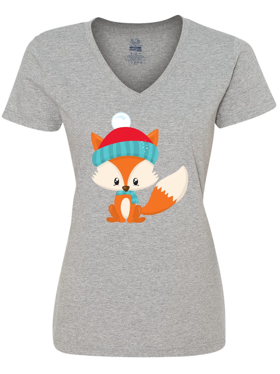 Inktastic Cute Fox, Fox With Hat And Scarf, Orange Fox Women's V-Neck T ...