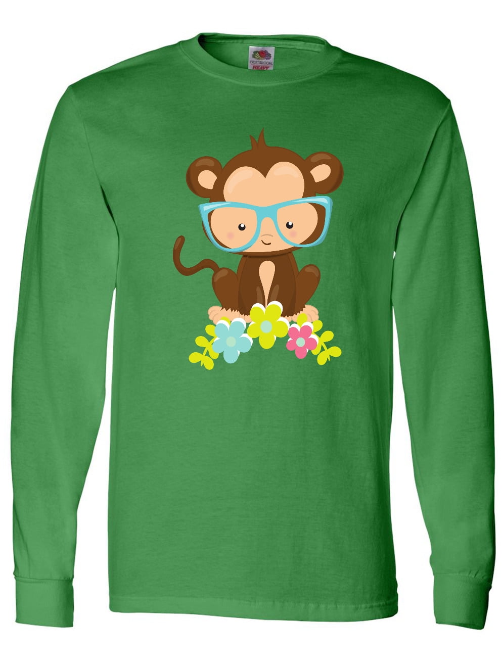 Inktastic Cute Monkey With Eyeglasses, Colorful Flowers Long Sleeve T ...