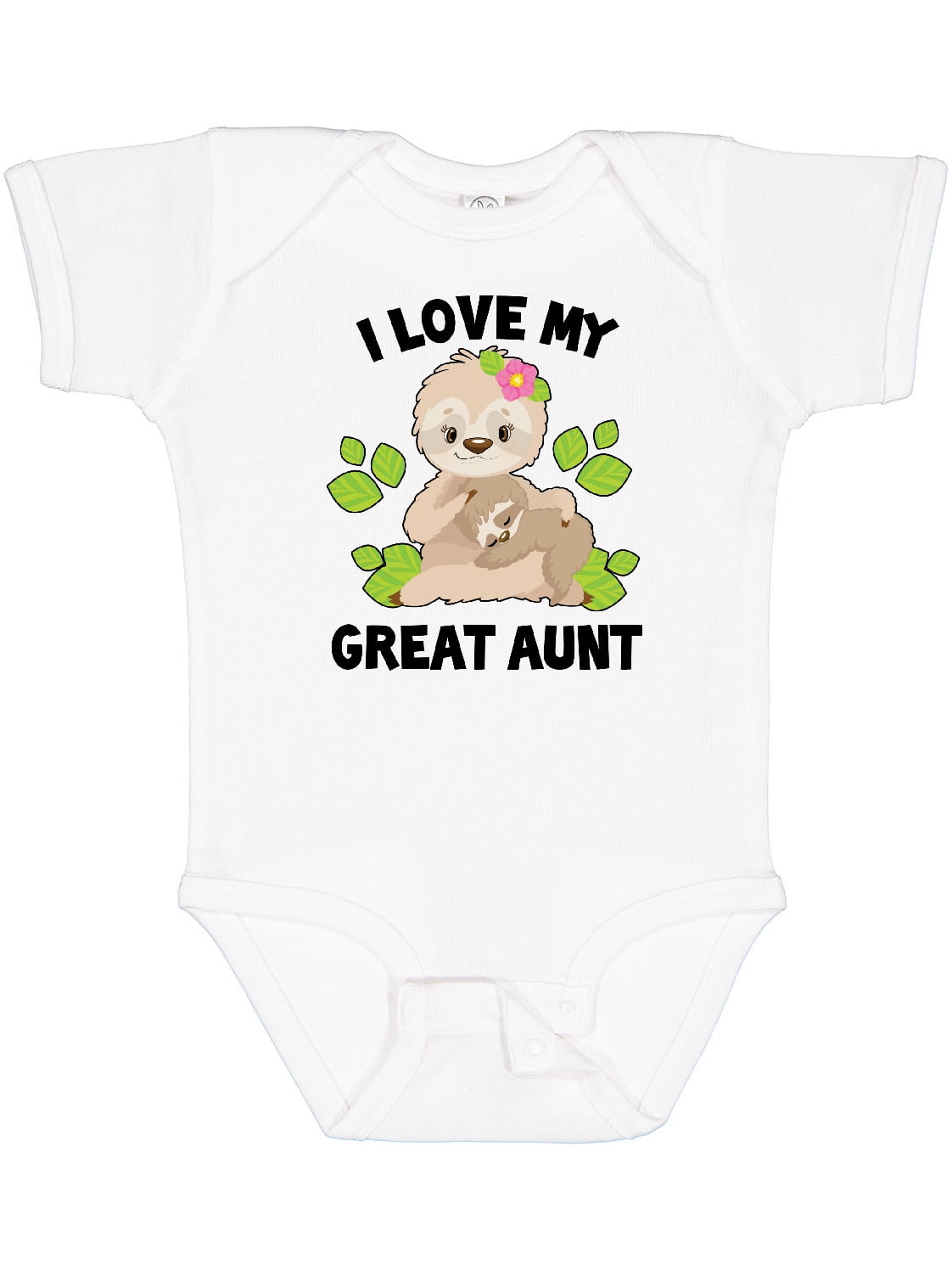 Inktastic Cute Sloth I Love My Great Aunt with Green Leaves Boys or Girls Baby Bodysuit ...