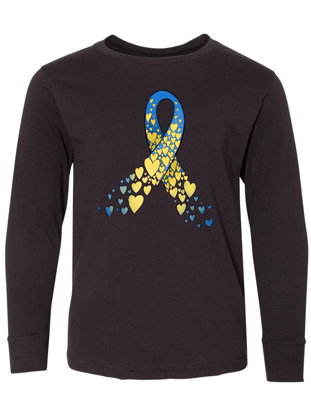 Inktastic Down Syndrome Awareness Blue and Yellow Hearts Ribbon Long Sleeve Youth T-Shirt ...