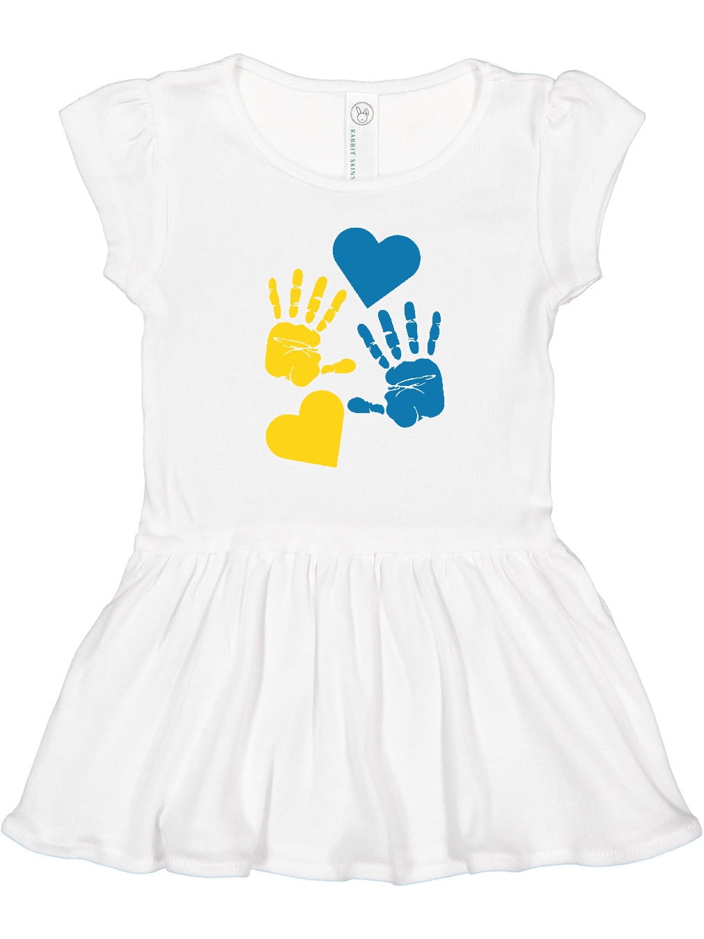 Inktastic Down Syndrome Awareness with Handprints and Hearts Blue and Yellow Girls Toddler Dress ...