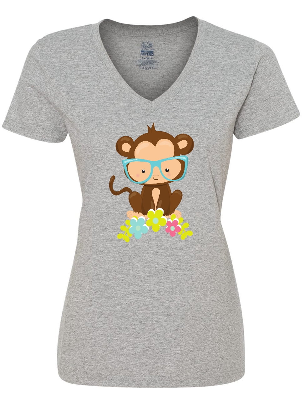 Inktastic Hipster Monkey, Monkey with Glasses, Flowers Women's V-Neck T ...