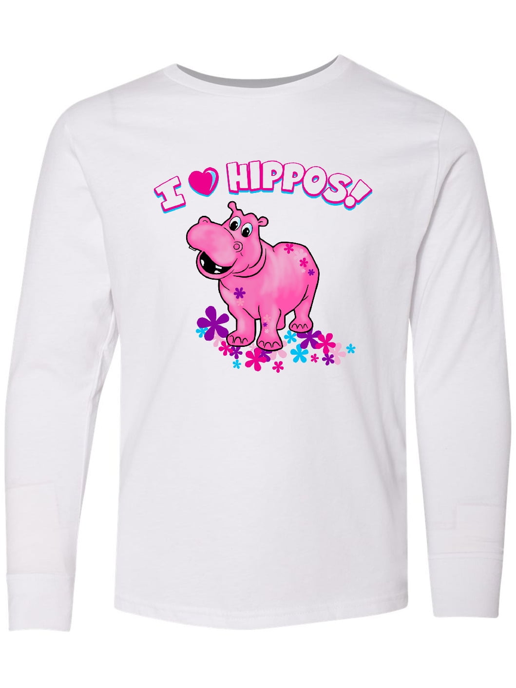 Inktastic I Love Hippos with Pink Hippo and Flowers Long Sleeve Youth T ...