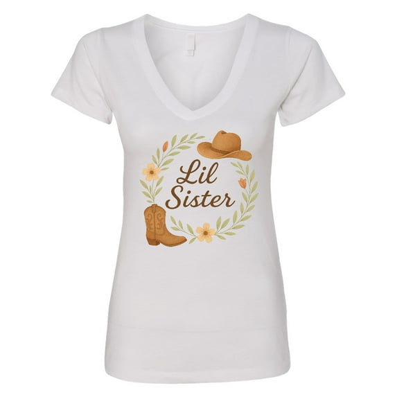 Inktastic Lil Sister Cowboy Hat and Boot Floral Design Women's V-Neck T ...
