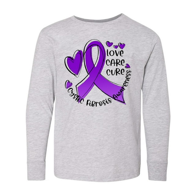 Inktastic Love, Care, Cure Cystic Fibrosis Awareness Purple Ribbon Long Sleeve Youth T-Shirt ...