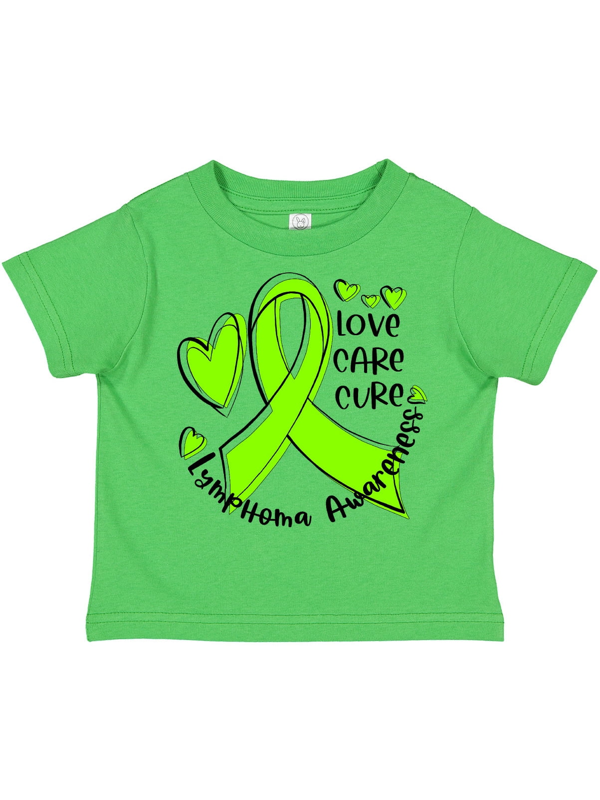 Inktastic Love, Care, Cure Lymphoma Awareness Lime Green Ribbon Hearts Boys or Girls Toddler T ...