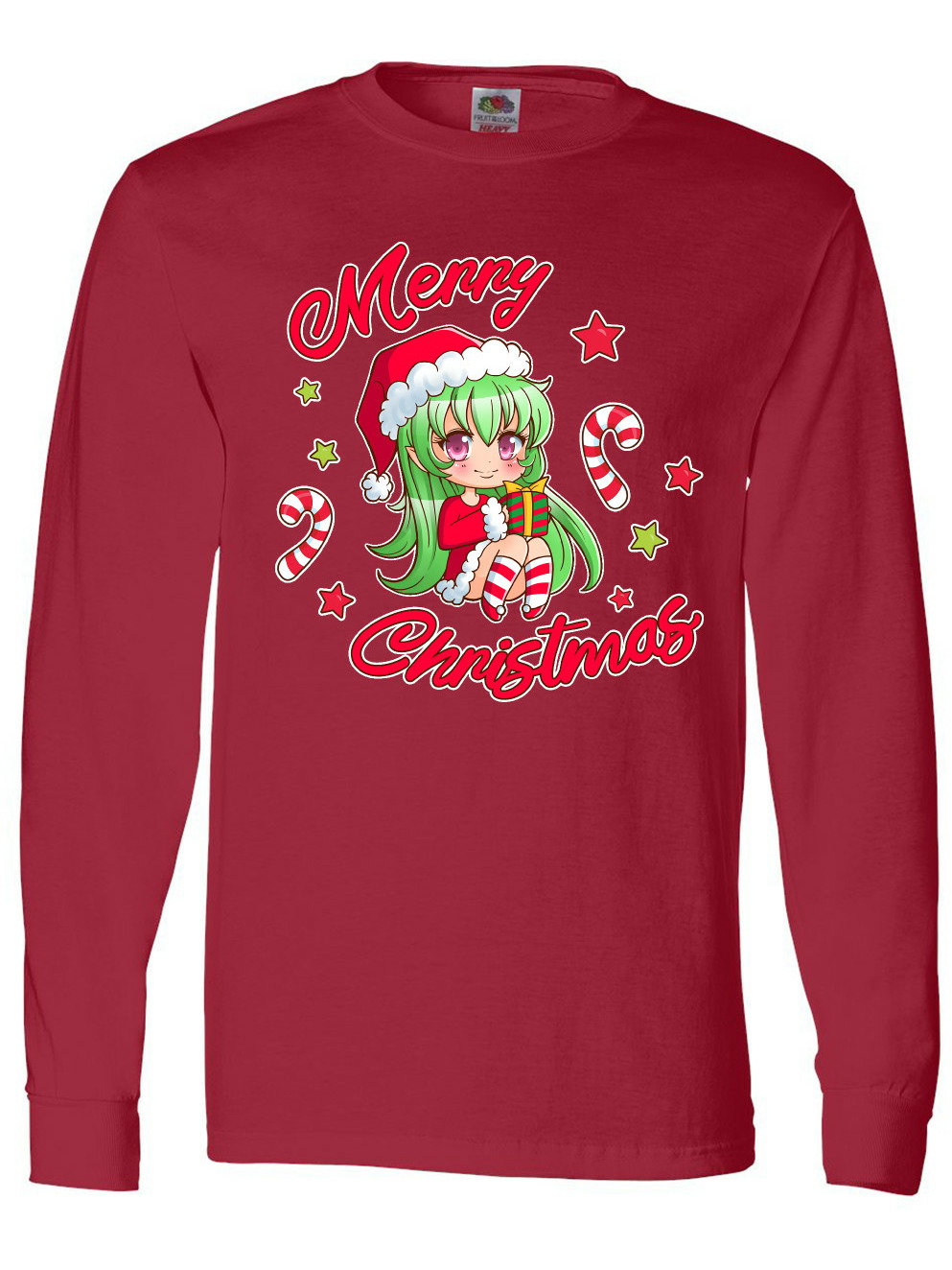 Inktastic Merry Christmas Chibi Elf with Candy Canes and Stars Long ...