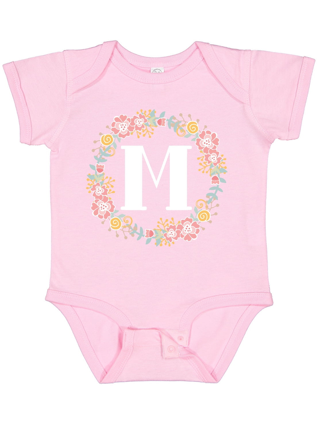 Inktastic Monogram Letter M Rose Floral Wreath Gift Girls Baby Bodysuit ...