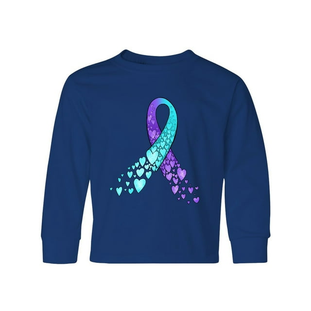 Inktastic Suicide Prevention Ribbon with Blue and Purple Hearts Long Sleeve Youth T-Shirt ...