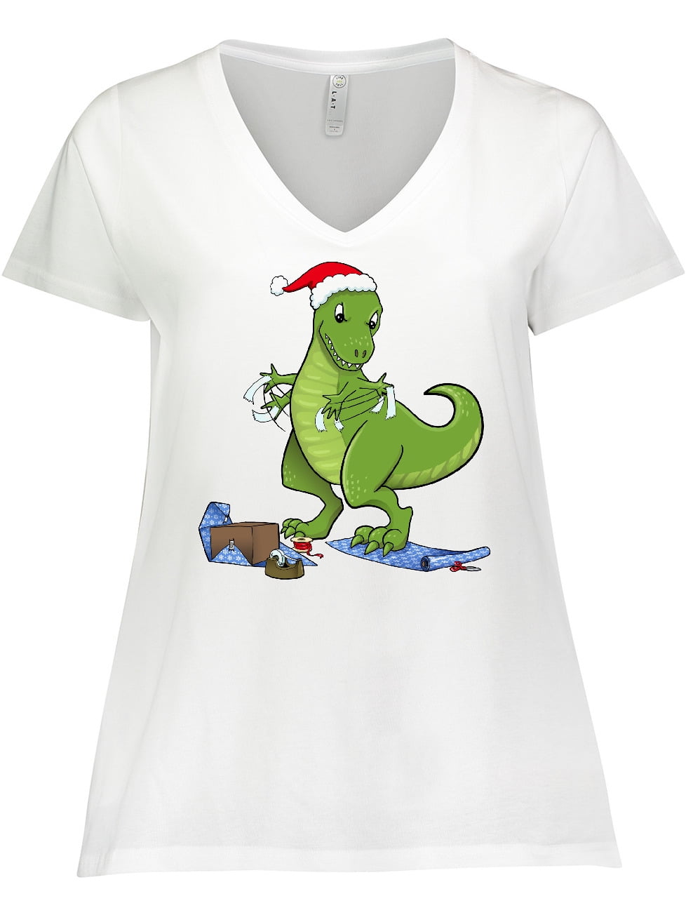 Inktastic T-rex Wrapping Christmas Presents Women's Plus Size V-Neck T ...