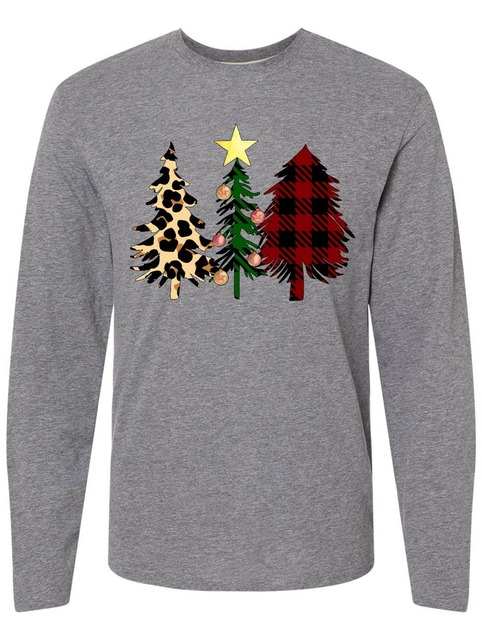 Inktastic Three Christmas Trees in Plaid and Leopard Print Long Sleeve ...