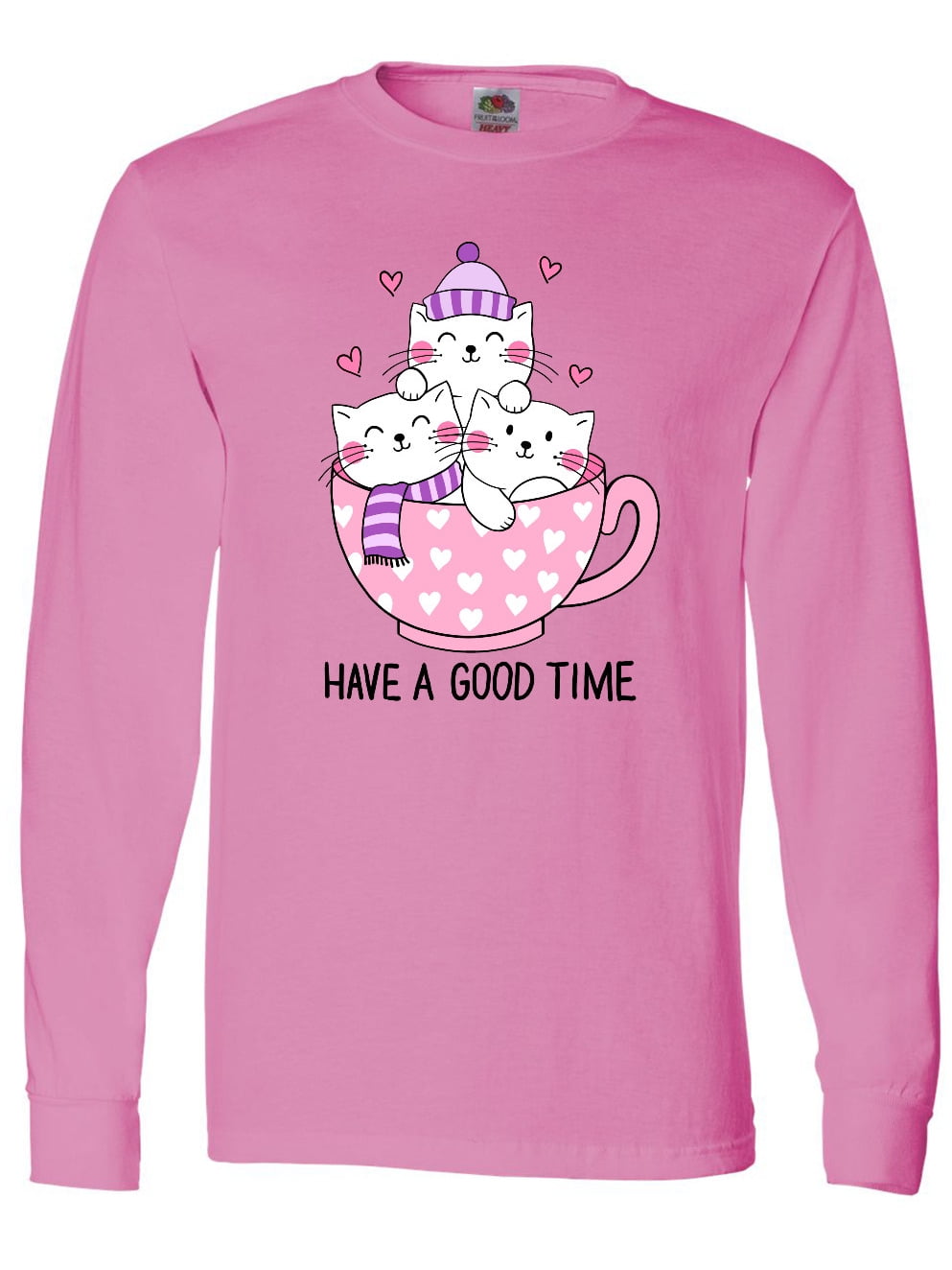 Inktastic Winter Cats in a Pink Teacup with Hearts Long Sleeve T-Shirt ...